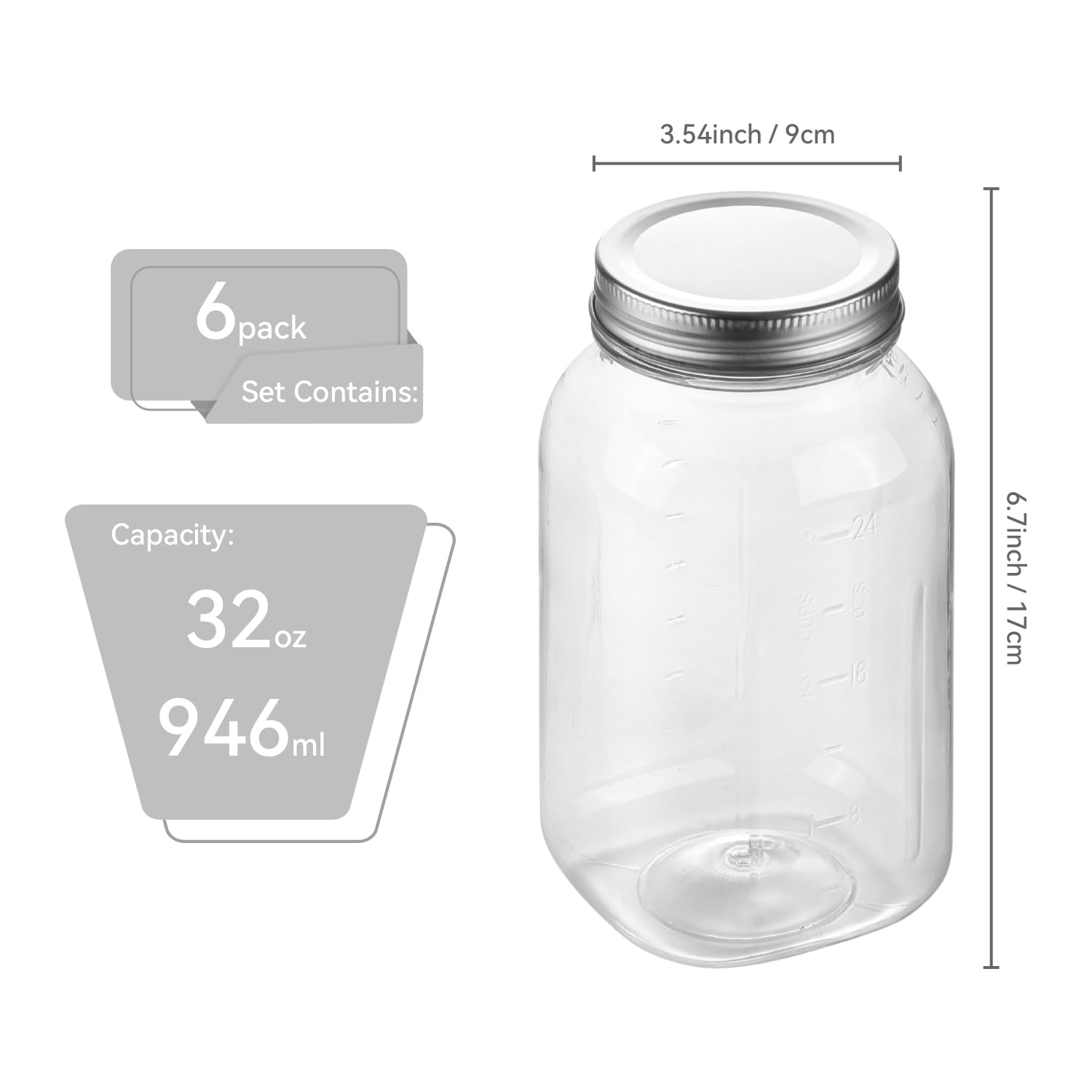Party Club of America 6 Pack 32OZ Sliver Plastic Jars With Screw On Lids,Plastic Mason Jars Food Storage Container For Storing Dry Food, Candy, Cream,Peanut, Butter