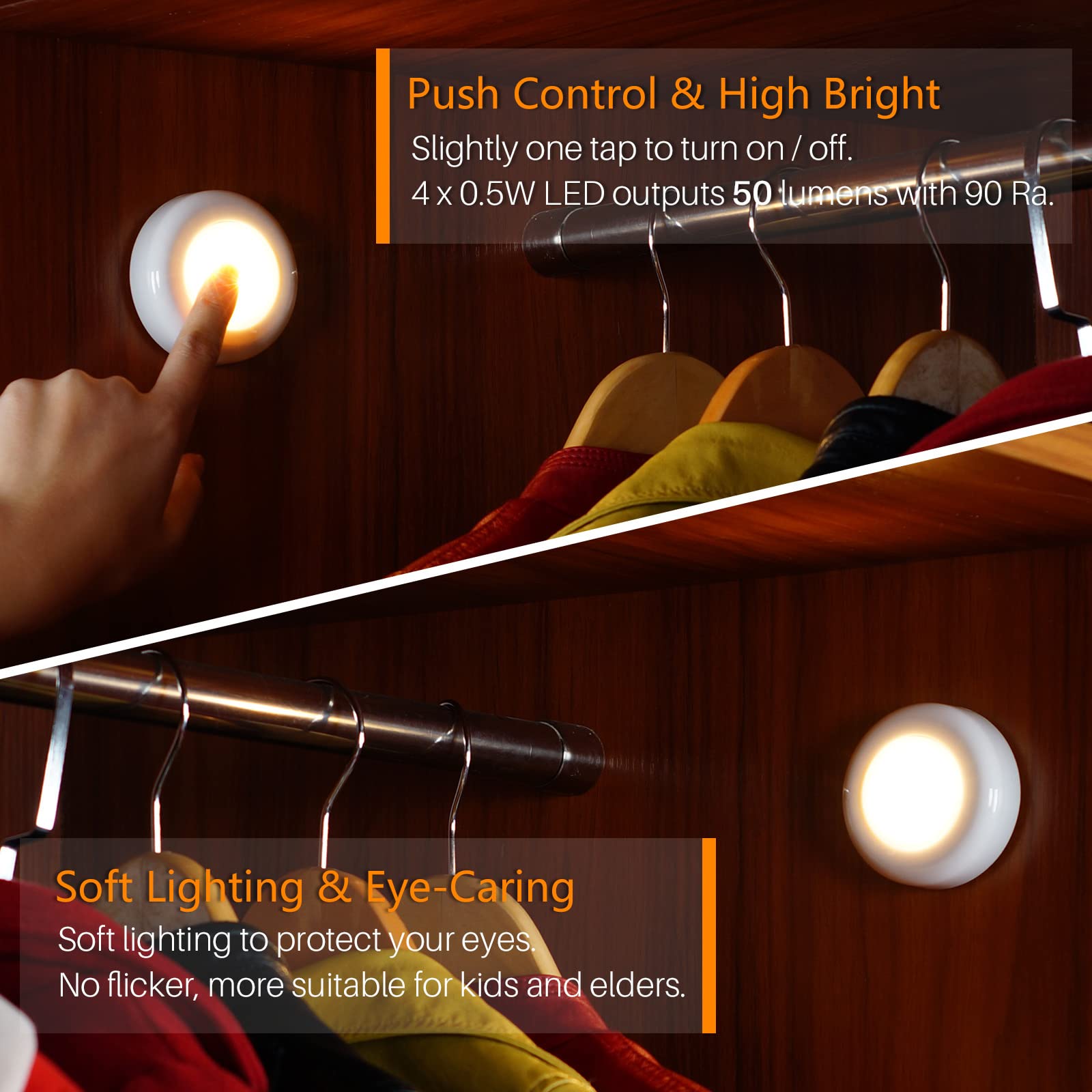 Tap Light Push Lights STAR-SPANGLED Mini Night Touch Light LED Puck Lights Portable Under Cabinet Lighting Battery Operated Powered DIY Stick On Lights Wireless Closet Counter Kitchen Warm White 5Pack