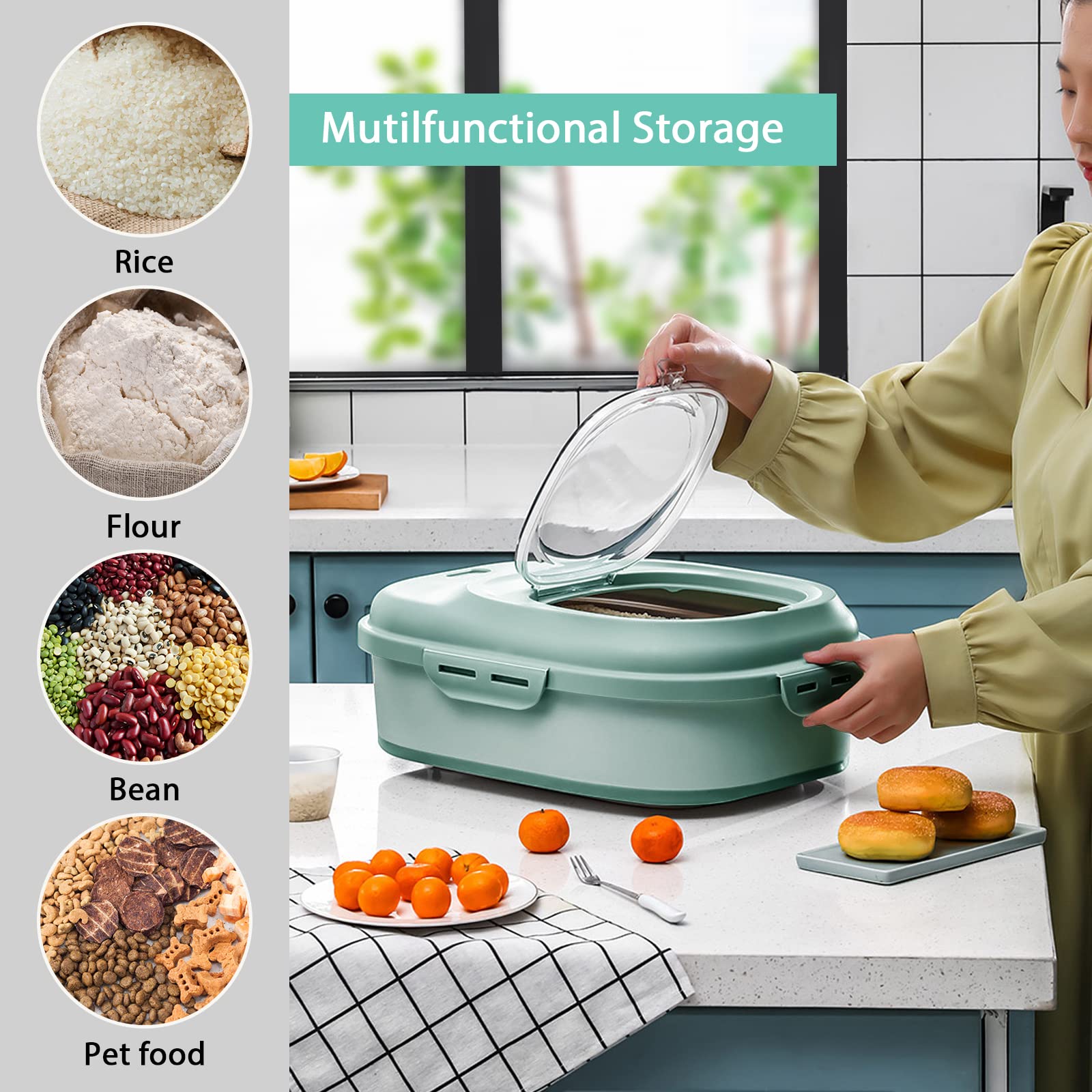 Letingoo Rice Storage Container, Foldable Airtight Food Storage Containers with Measuring Cup & Wheels, Dry Food Flour Sugar Storage Container (Green)