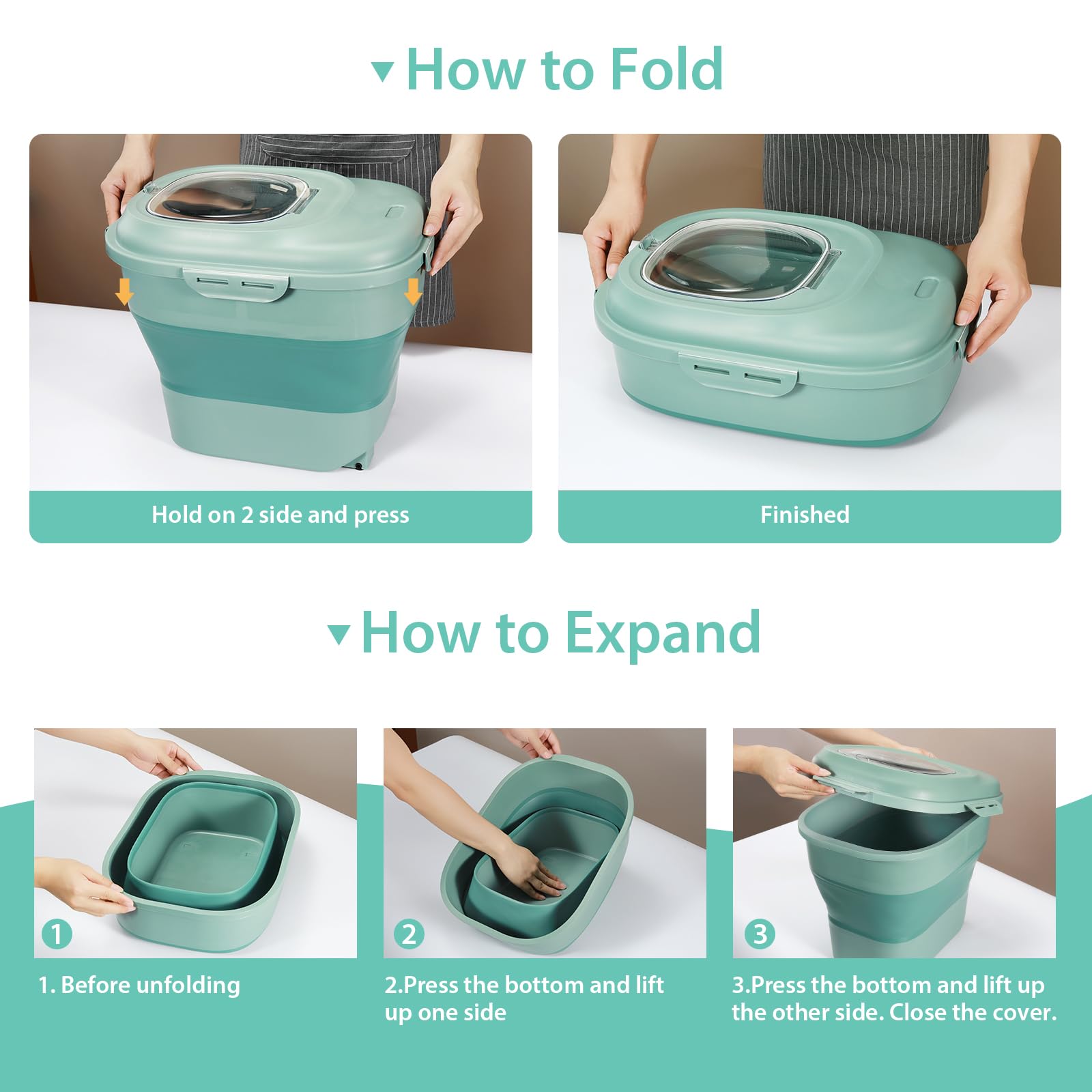 Letingoo Rice Storage Container, Foldable Airtight Food Storage Containers with Measuring Cup & Wheels, Dry Food Flour Sugar Storage Container (Green)