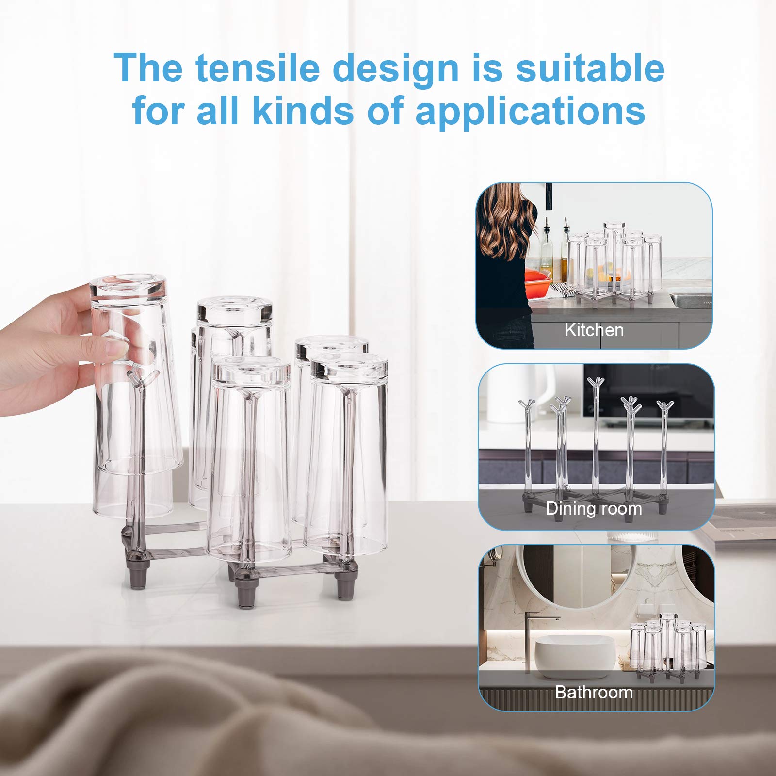 MRT Retractable Cup Drying Rack, Retractable Drying Rack and Sports Bottle Drainer Stand, Plastic Bag Drying Rack and Mug Tree with Antiskid Bottom for Kitchen Countertop(Gray)