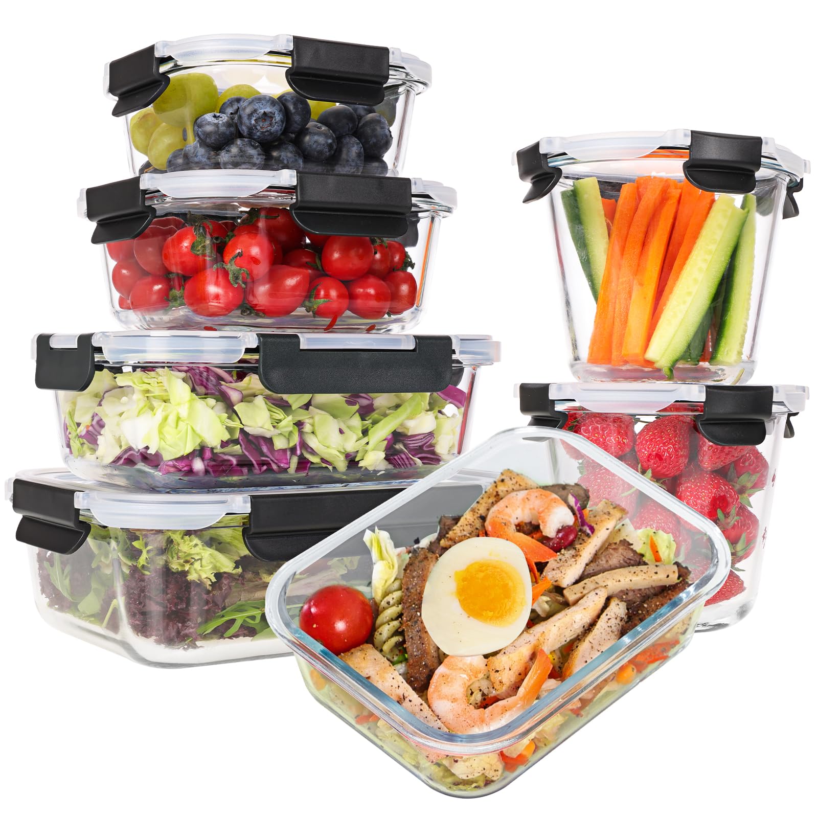 Moretoes 14pc Glass Food Storage Containers, Glass Soup Canisters with Lids Set, Airtight Glass Meal Prep Containers with Lids for Microwave, Oven, Freezer & Dishwasher Friendly, Grey