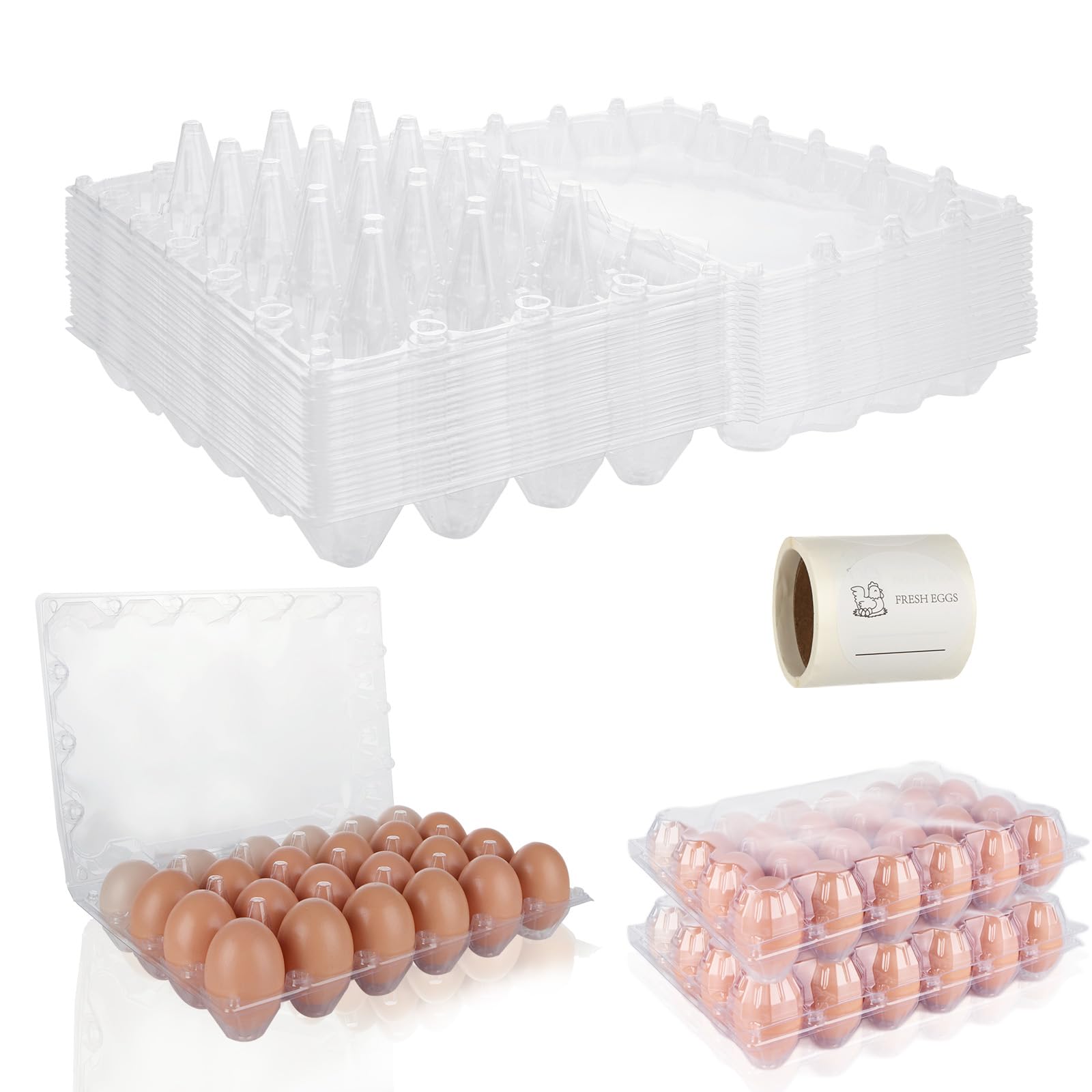 Oungy 36 PCS Plastic Egg Cartons Cheap Bulk 24 Count Clear Blank Egg Cartons with Free Labels Holds up to 24 Eggs Securely Reusable Egg Carton for Family Pasture Chicken Farm Market Display, 4x6 Grids