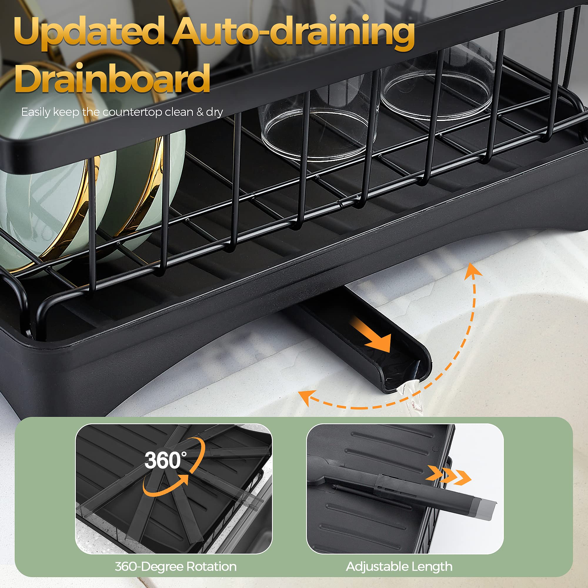 Dish Drying Rack for Kitchen Counter, 2-Tier Dish Racks with Drainboard, Large Capacity Dish Drainer Organizer Shelf with Utensil Holder, Wine Glass Holder(Black)