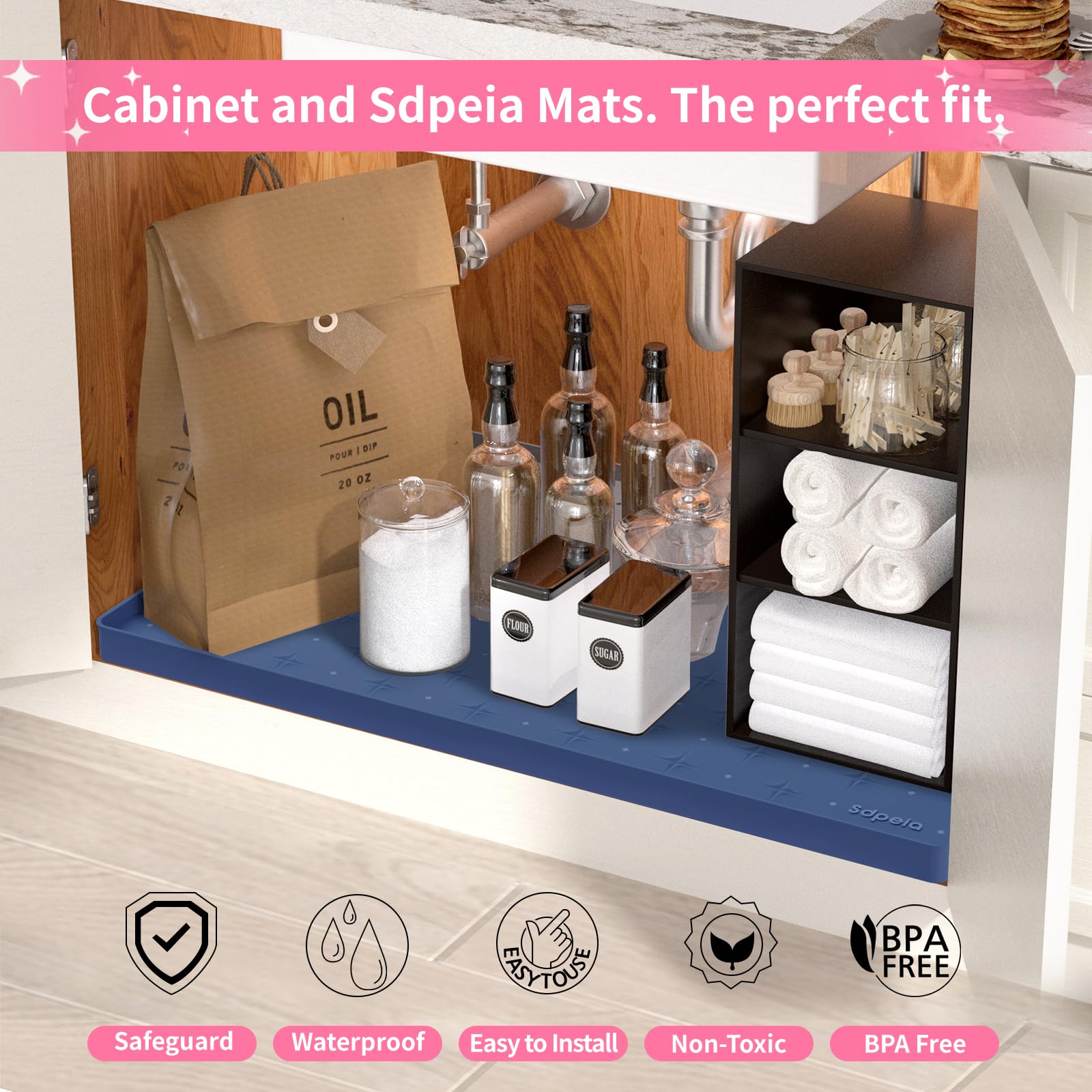 Sdpeia Under Sink Mat for [34" x 22"] Cabinet, Upgraded Silicone Waterproof Mat Kitchen Cabinet Liner Cabinet Protector Kitchen Organizers and Storage