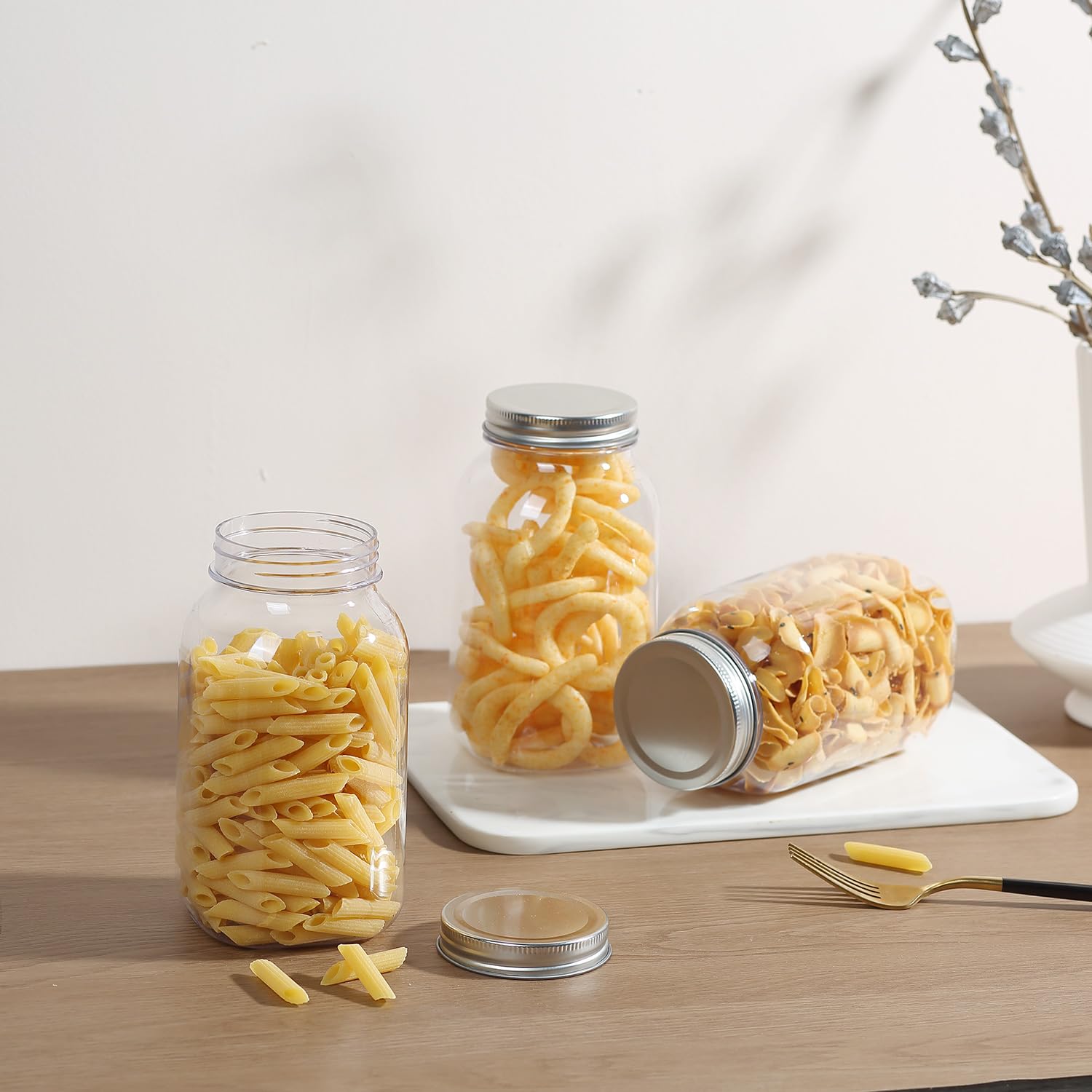 Party Club of America 6 Pack 32OZ Sliver Plastic Jars With Screw On Lids,Plastic Mason Jars Food Storage Container For Storing Dry Food, Candy, Cream,Peanut, Butter