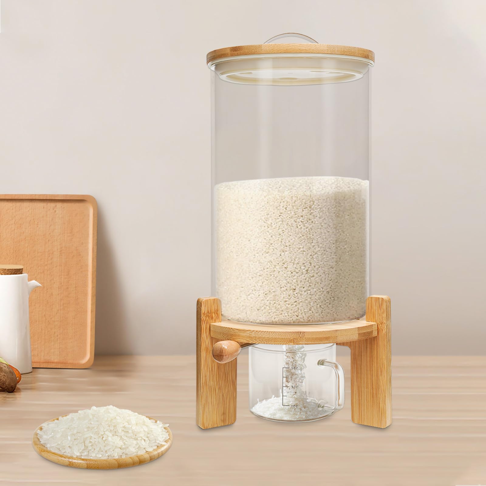 KONKENIE 7.5L/5L Grain Storage Tank Dispenser with Base+Valve+Cup Glass Rice Cereal Bean Flour Container Dry Food Organizer with Lid+Stand for Home Kitchen Pantry Store Clear (7.5L/Round Base)