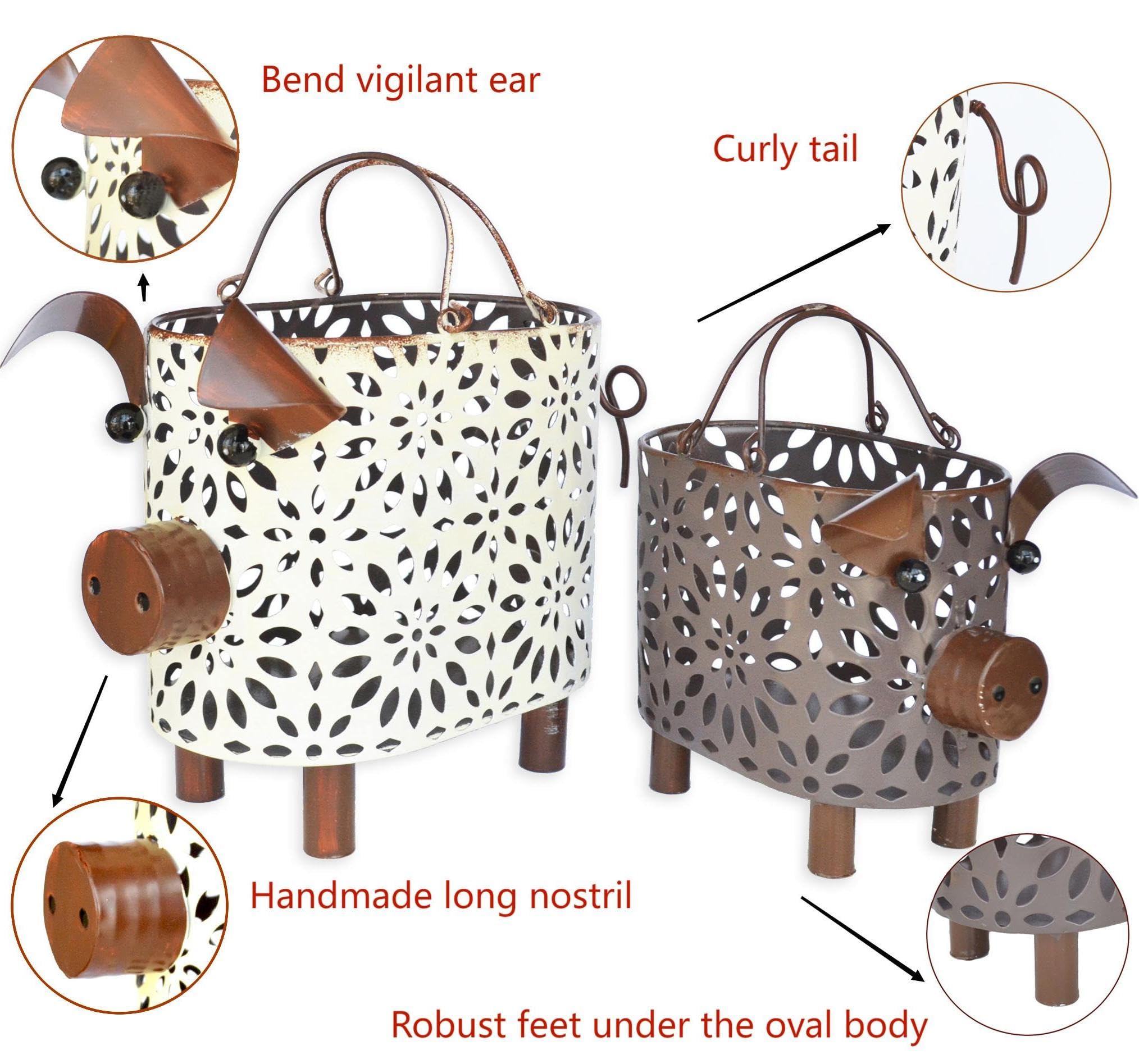 Zoreal Metal Decorative Small Baskets,Narrow Baskets with Handles for Storage,Pig Designs Farmhouse Cute Basket for Kitchen,Bathroom,Livingroom,Office Shelf Decor Aesthetic set of 2