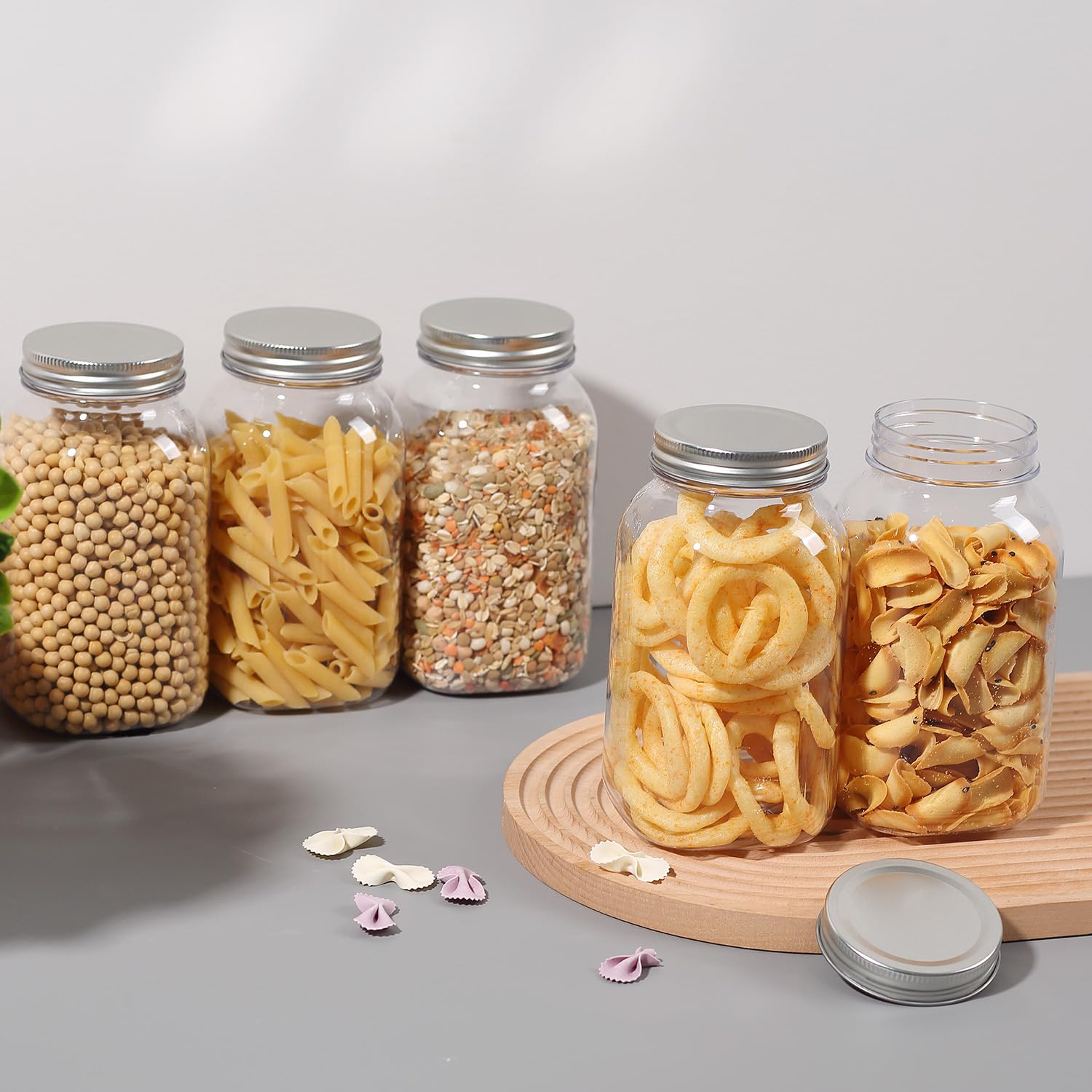 Party Club of America 6 Pack 32OZ Sliver Plastic Jars With Screw On Lids,Plastic Mason Jars Food Storage Container For Storing Dry Food, Candy, Cream,Peanut, Butter