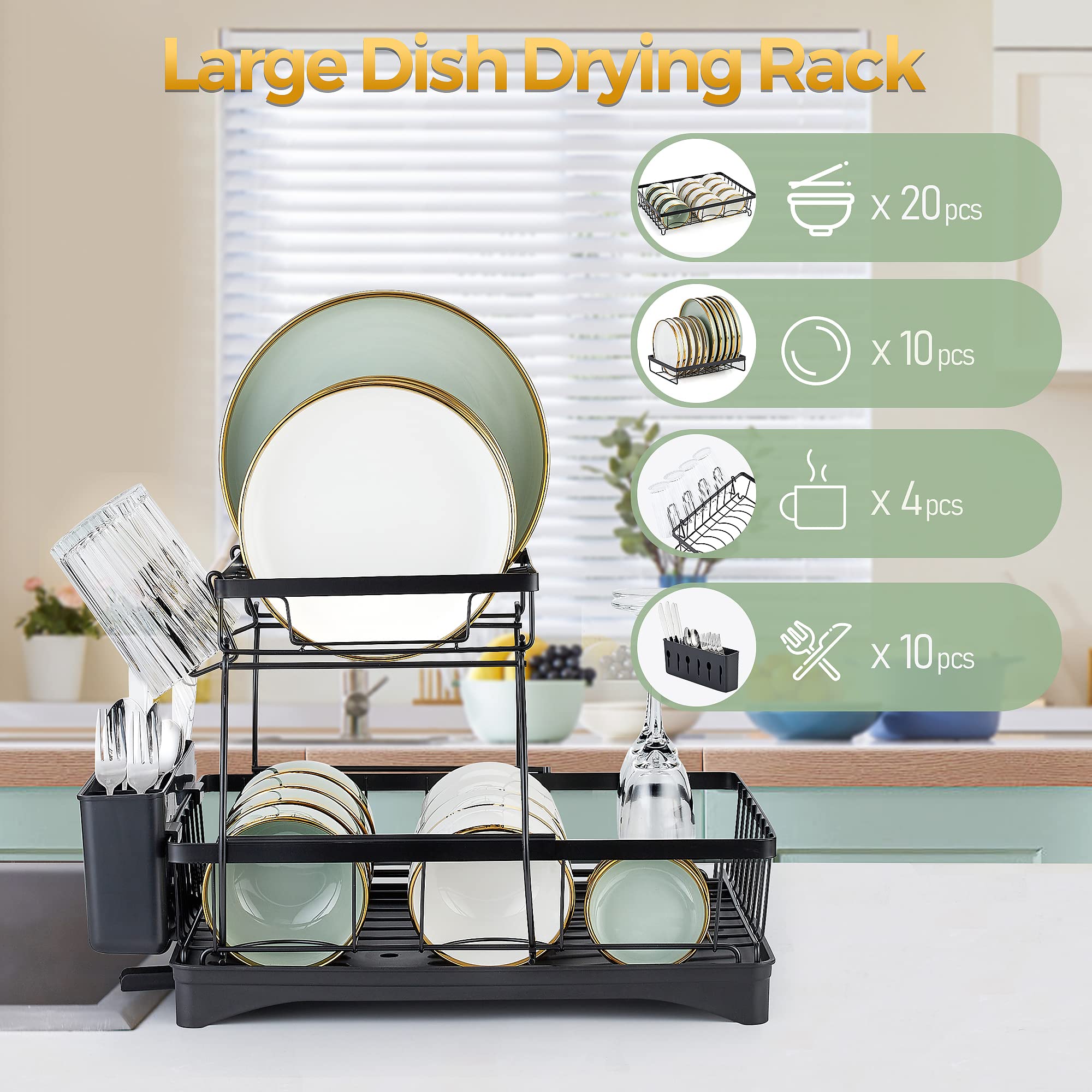 Dish Drying Rack for Kitchen Counter, 2-Tier Dish Racks with Drainboard, Large Capacity Dish Drainer Organizer Shelf with Utensil Holder, Wine Glass Holder(Black)