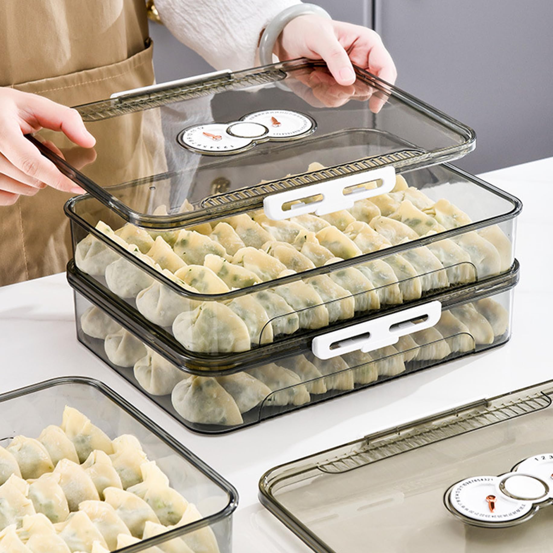 CUCUFA Dumpling Storage Box, 4 Layers Food Storage Container Portable Dumpling Organizer Stackable Freezer Storage Containers Food Storage Box Airtight Food Container