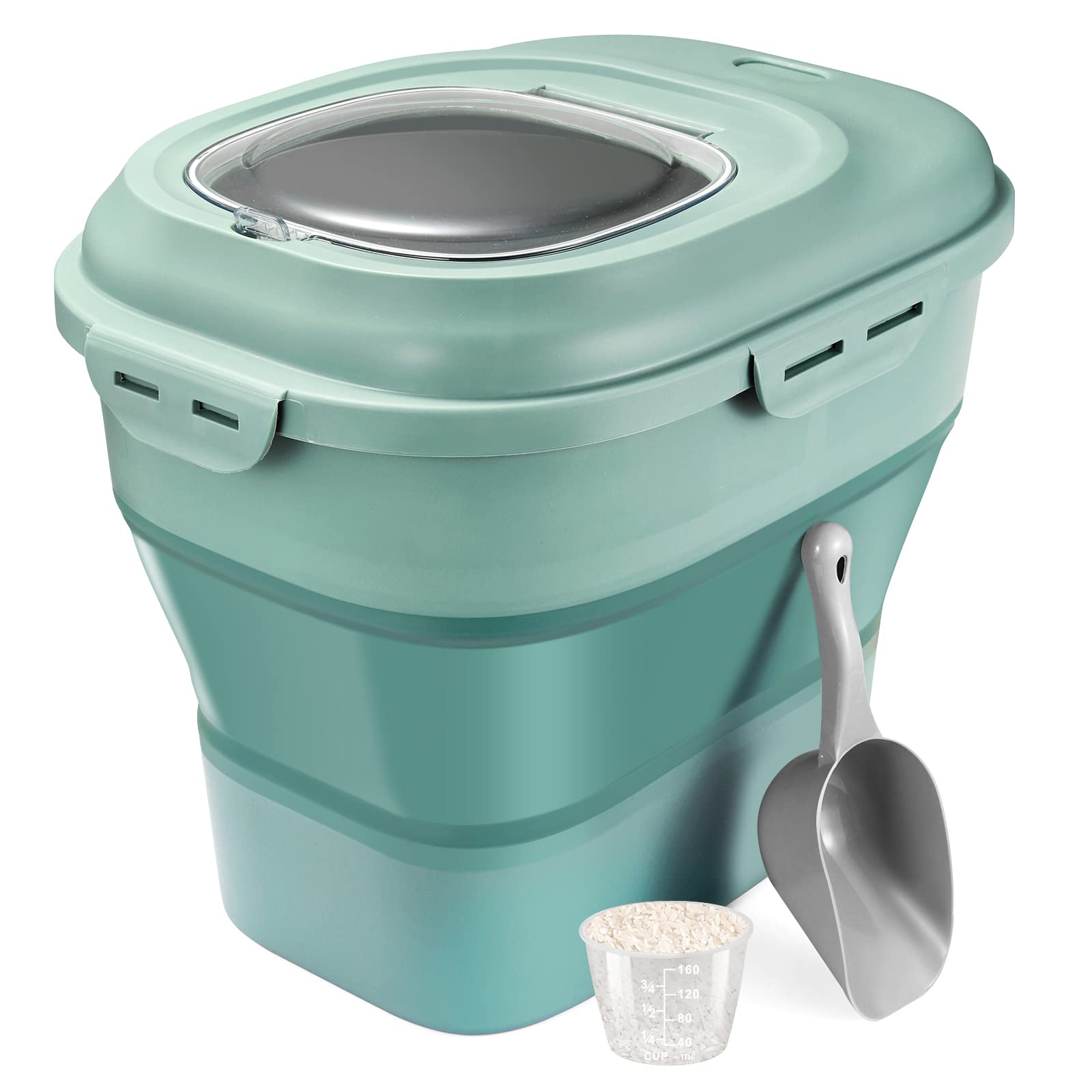 Letingoo Rice Storage Container, Foldable Airtight Food Storage Containers with Measuring Cup & Wheels, Dry Food Flour Sugar Storage Container (Green)