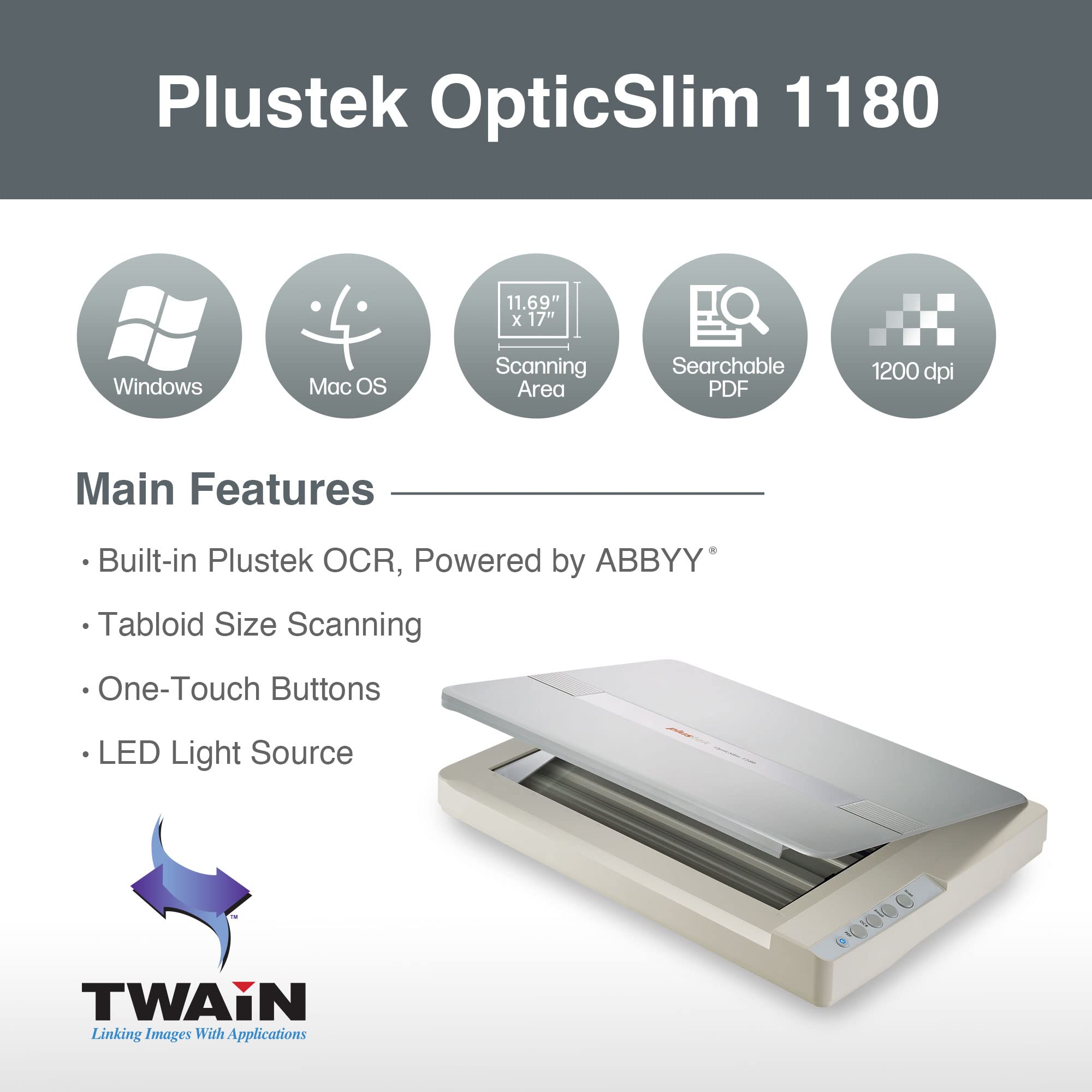 Plustek A3 Large Format Flatbed Scanner OS 1180 : 11.7x17 scan Size for Blueprints and Document. Design for Library, School and Soho. A3 scan for 8 sec, Support Mac and PC