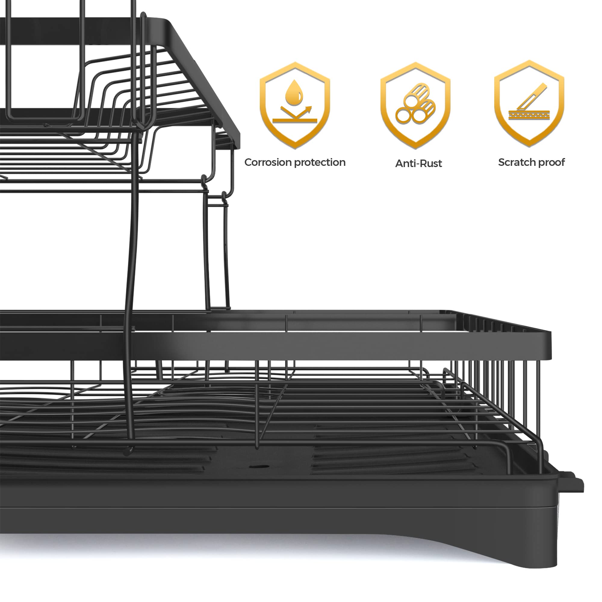 Dish Drying Rack for Kitchen Counter, 2-Tier Dish Racks with Drainboard, Large Capacity Dish Drainer Organizer Shelf with Utensil Holder, Wine Glass Holder(Black)