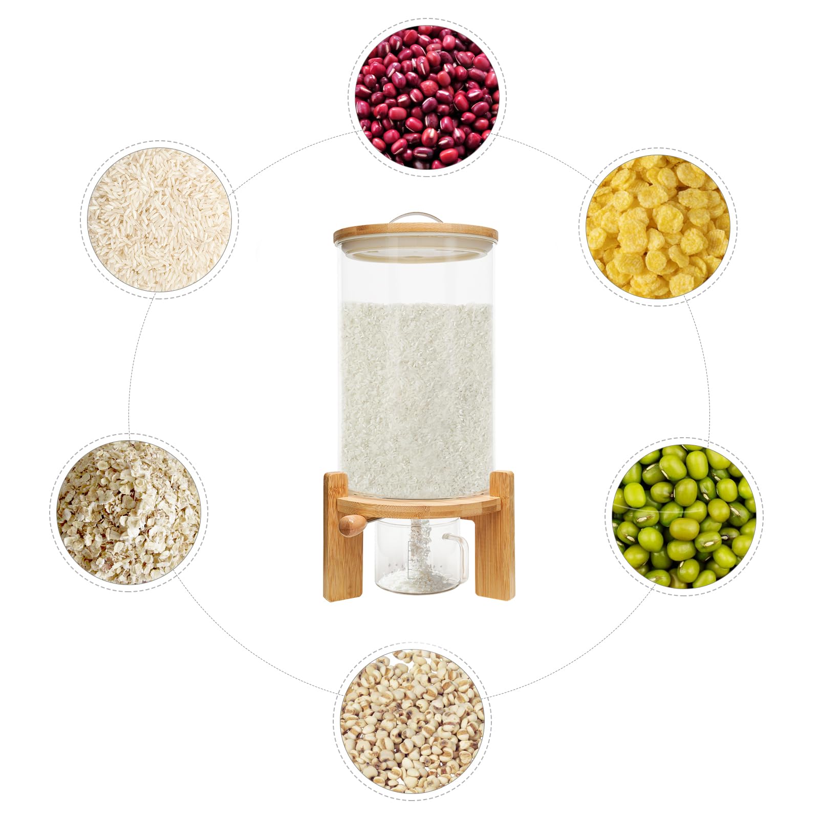 KONKENIE 7.5L/5L Grain Storage Tank Dispenser with Base+Valve+Cup Glass Rice Cereal Bean Flour Container Dry Food Organizer with Lid+Stand for Home Kitchen Pantry Store Clear (7.5L/Round Base)