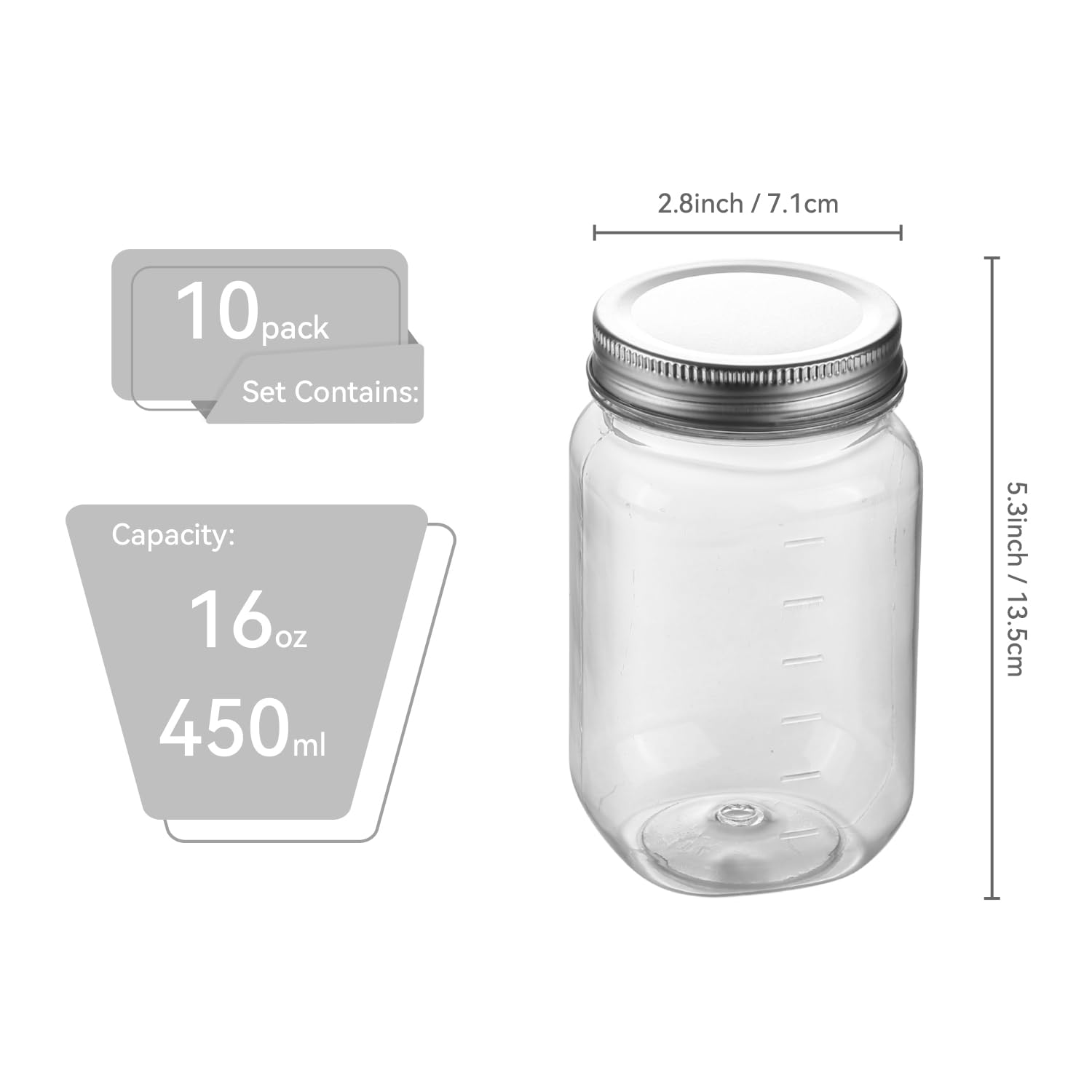 Party Club of America 10 Pack 16OZ Sliver Plastic Jars With Screw On Lids,Plastic Mason Jars Food Storage Container For Storing Dry Food, Candy, Cream,Peanut, Butter