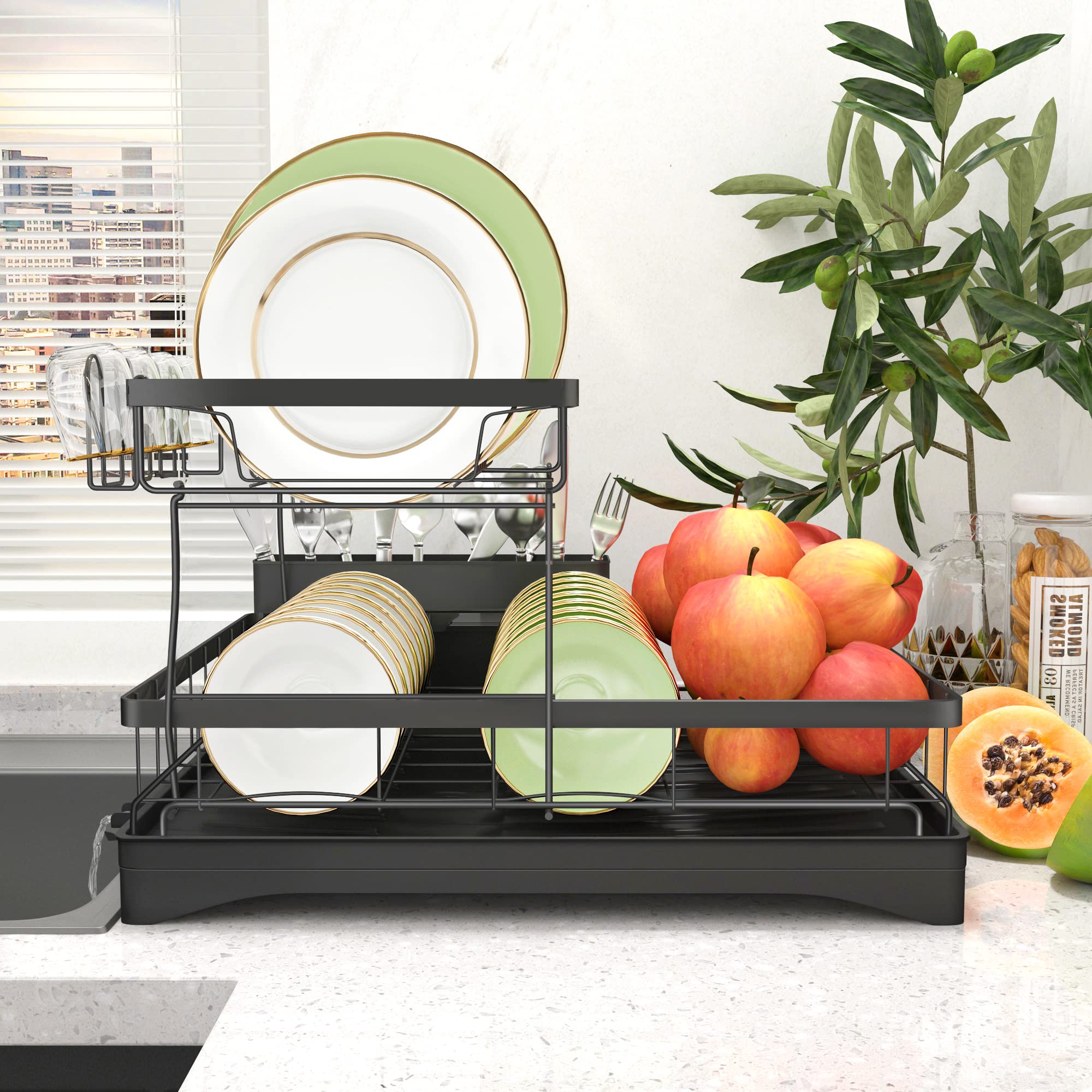 Dish Drying Rack for Kitchen Counter, 2-Tier Dish Racks with Drainboard, Large Capacity Dish Drainer Organizer Shelf with Utensil Holder, Wine Glass Holder(Black)