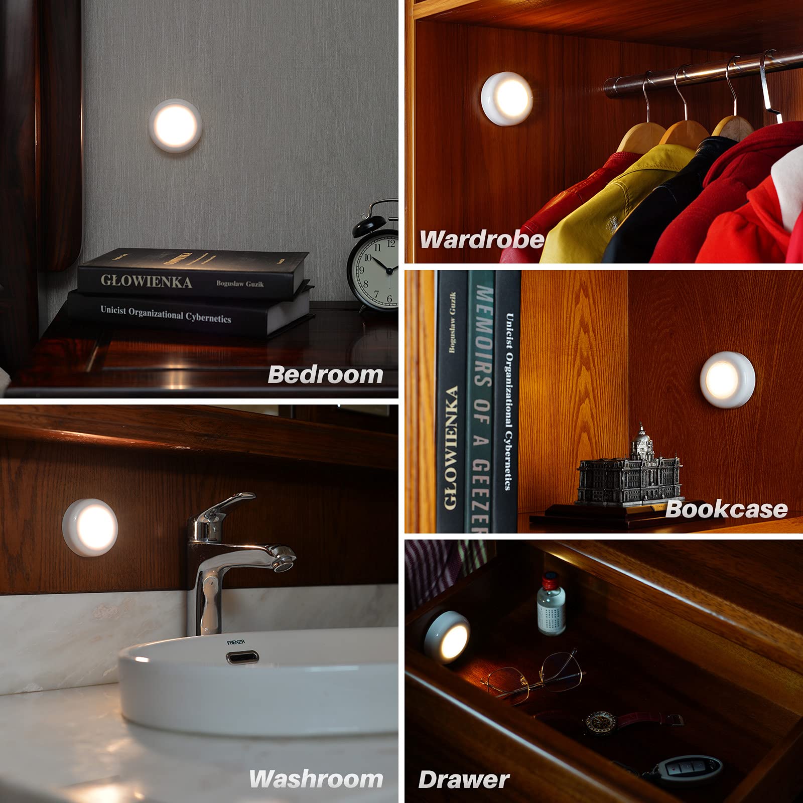 Tap Light Push Lights STAR-SPANGLED Mini Night Touch Light LED Puck Lights Portable Under Cabinet Lighting Battery Operated Powered DIY Stick On Lights Wireless Closet Counter Kitchen Warm White 5Pack