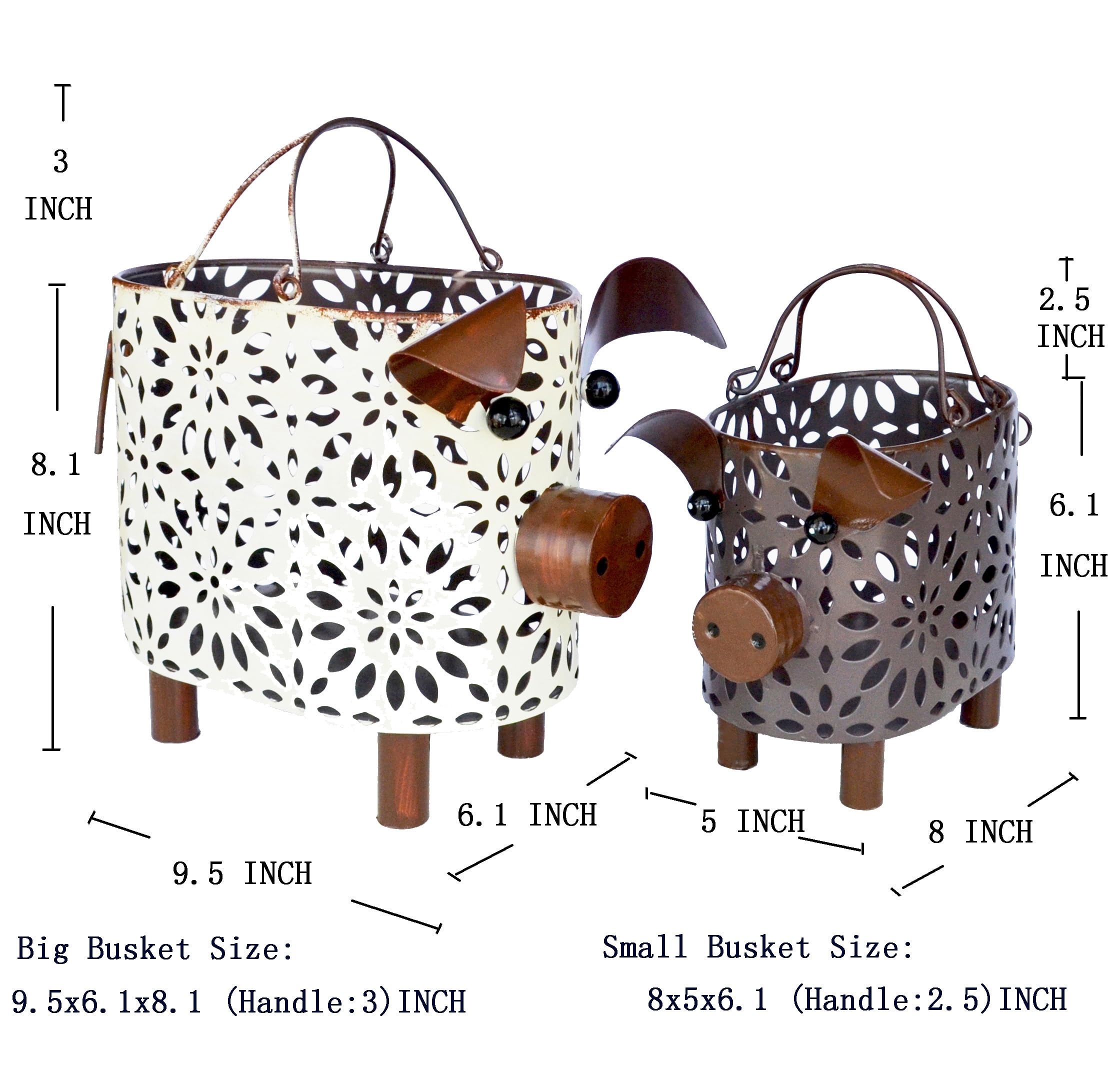 Zoreal Metal Decorative Small Baskets,Narrow Baskets with Handles for Storage,Pig Designs Farmhouse Cute Basket for Kitchen,Bathroom,Livingroom,Office Shelf Decor Aesthetic set of 2