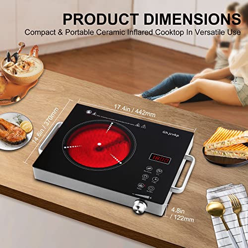 Ghjcvkp Portable Ceramic Cooktop, 1800W Electric Single Hot Plate for Cooking with 18 Power Levels, Infrared Countertop Burner with Sensor Touch, 4-hour Timer, Adjustable Knob