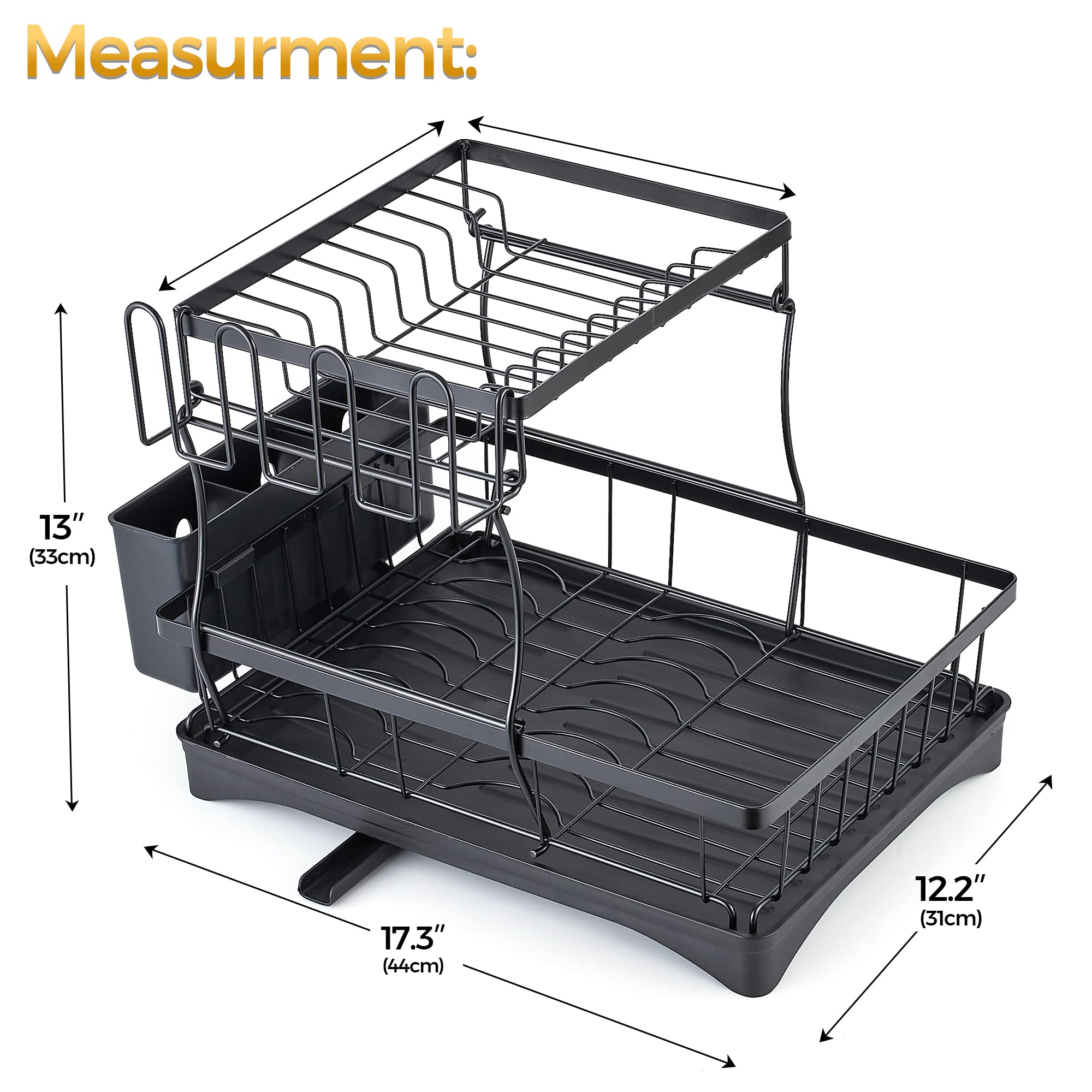 Dish Drying Rack for Kitchen Counter, 2-Tier Dish Racks with Drainboard, Large Capacity Dish Drainer Organizer Shelf with Utensil Holder, Wine Glass Holder(Black)