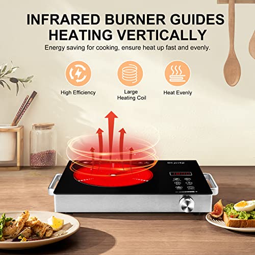 Ghjcvkp Portable Ceramic Cooktop, 1800W Electric Single Hot Plate for Cooking with 18 Power Levels, Infrared Countertop Burner with Sensor Touch, 4-hour Timer, Adjustable Knob