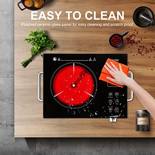 Ghjcvkp Portable Ceramic Cooktop, 1800W Electric Single Hot Plate for Cooking with 18 Power Levels, Infrared Countertop Burner with Sensor Touch, 4-hour Timer, Adjustable Knob