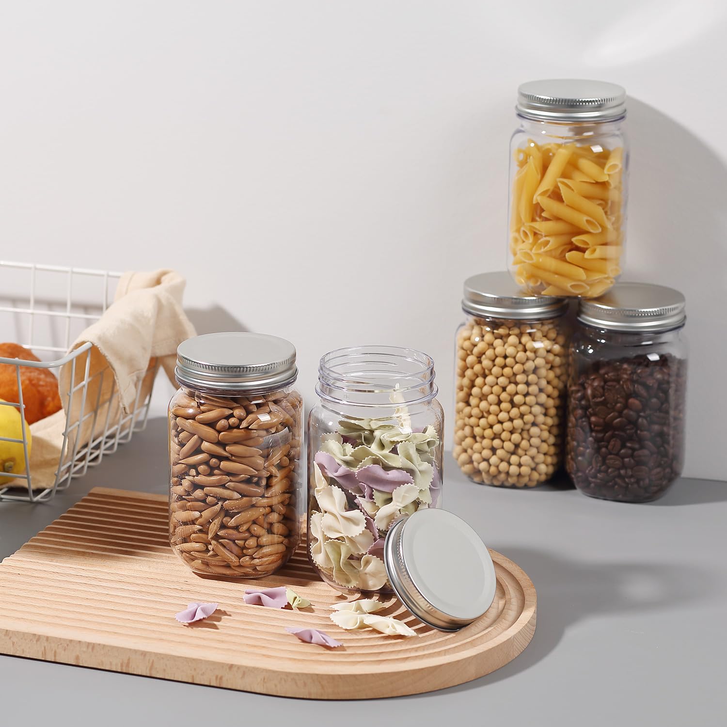 Party Club of America 10 Pack 16OZ Sliver Plastic Jars With Screw On Lids,Plastic Mason Jars Food Storage Container For Storing Dry Food, Candy, Cream,Peanut, Butter