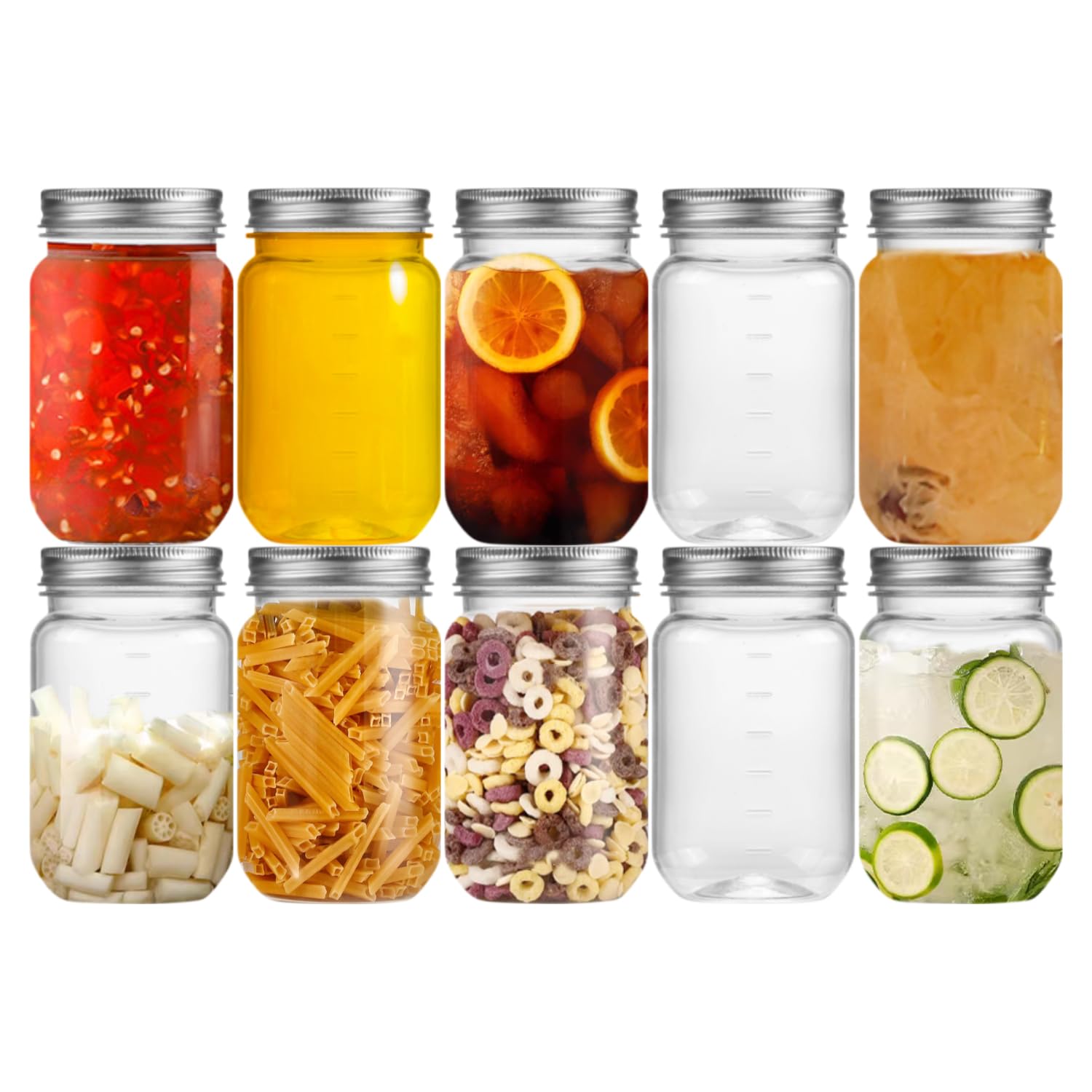 Party Club of America 10 Pack 16OZ Sliver Plastic Jars With Screw On LidsďźPlastic Mason Jars Food Storage Container For Storing Dry Food, Candy, Cream,Peanut, Butter