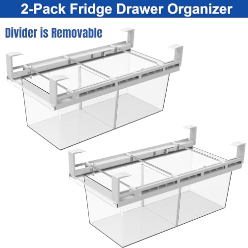 LALASTAR Upgraded Fridge Organizer Drawers, 2-PACK Refrigerator Organization and Storage, Mini Fridge Storage Containers with Handle, Adjustable Length 13.8"-21.4" (with Divider)