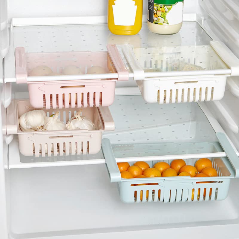 Gsycle Refrigerator Drawer Organizer, 2PCS Fridge Drawer Organizer Pull out Storage Box Refrigerator Bins Refrigerator Shelves for Egg Fruit Vegetable Seafood(Beige)