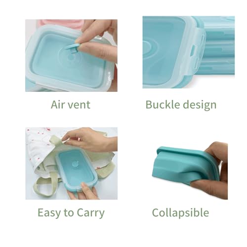 sloppyhla 4 Pack Silicon Lunch Box Flat Stacks Collapsible Food Storage Containers With Lids, Leftover Meal Box For Kitchen, BPA Free,Microwave and Freezer Safe, Foldable Thin Box Design (Pink)