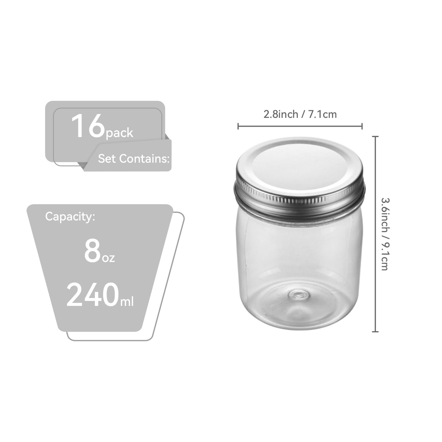 Party Club of America 16 Pack 8OZ Sliver Plastic Jars With Screw On Lids,Plastic Mason Jars Food Storage Container For Storing Dry Food, Candy, Cream,Peanut, Butter