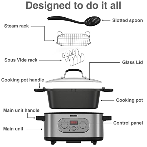 Anfilank 8-in-1 Multi-Cooker, Programmable 6.8 Quart Slow Cooker, Presets to Sous Vide, Bake, Sauté, Cook Rice & More; with Sous Vide Rack, Steam Rack, Slotted Spoon and Glass Lid, Adjustable Temp&Time for Slow Cook with LED Display