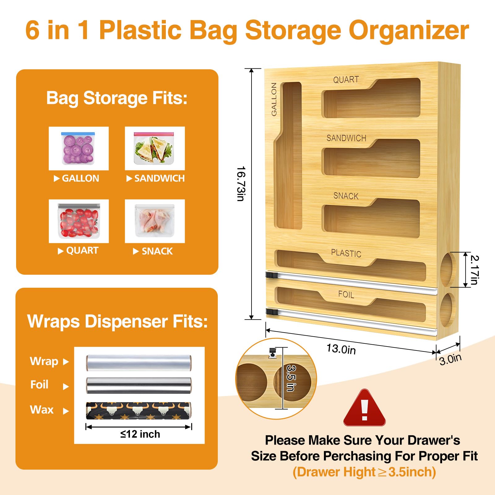 HOSTENU 6 in 1 Storage Bag Organizer for Kitchen Drawer, Bamboo Foil and Plastic Wrap Dispenser with Cutter, Food Baggie Organizer for Drawer, Plastic Bag Organizer for Gallon, Quart, Sandwich, Snack