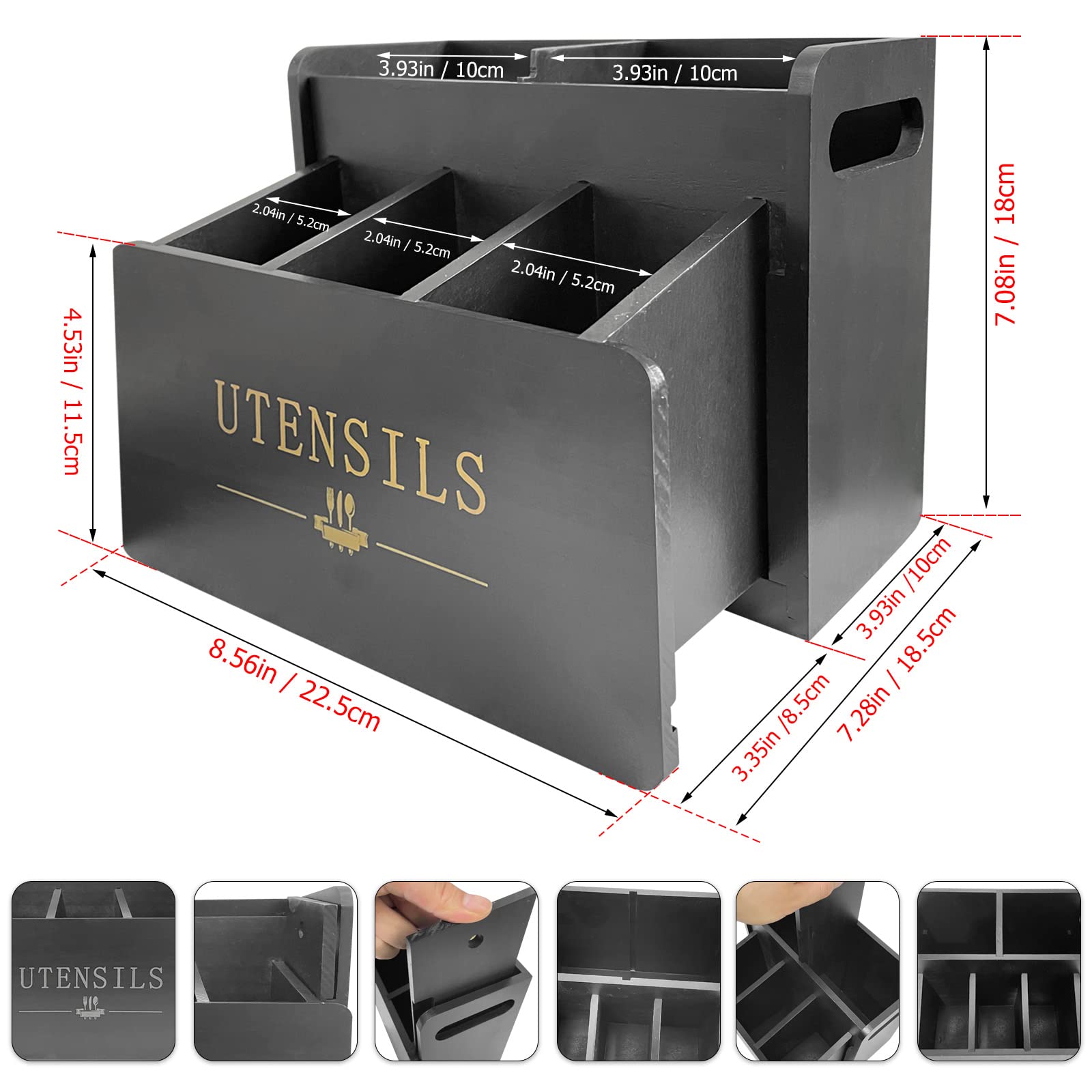 Yleric kitchen utensil organizer for countertop,wooden utensil holder organizer-5 compartments with splints,The tableware rack is used for storing knives, forks, spoons and napkins. (black)