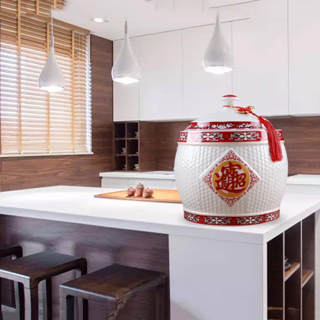 Classic Food Dispensers Ceramic Rice Bucket with Tassel Design, Household Rice Storage Box with Lid, Chinese Sealed Large-Capacity Rice Pot, 4-12.5KG/141-441 OZ