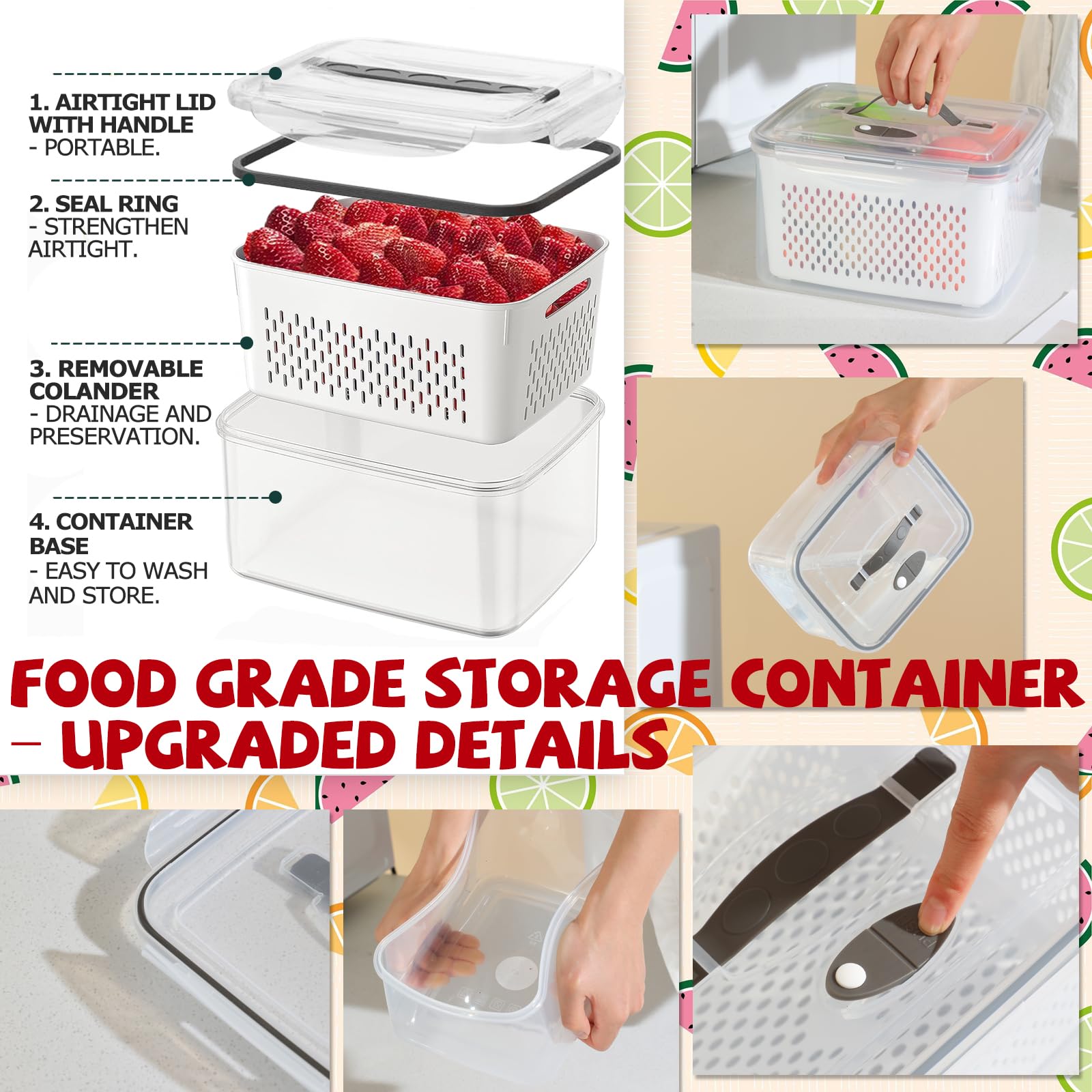 3 PCS Fruit Storage Containers for Fridge with Removable Colander | BPA Free Airtight Food Storage Containers with Lids & Handle | Keep Produce Refresh Longer | Small & M Size - Totally 22 cup