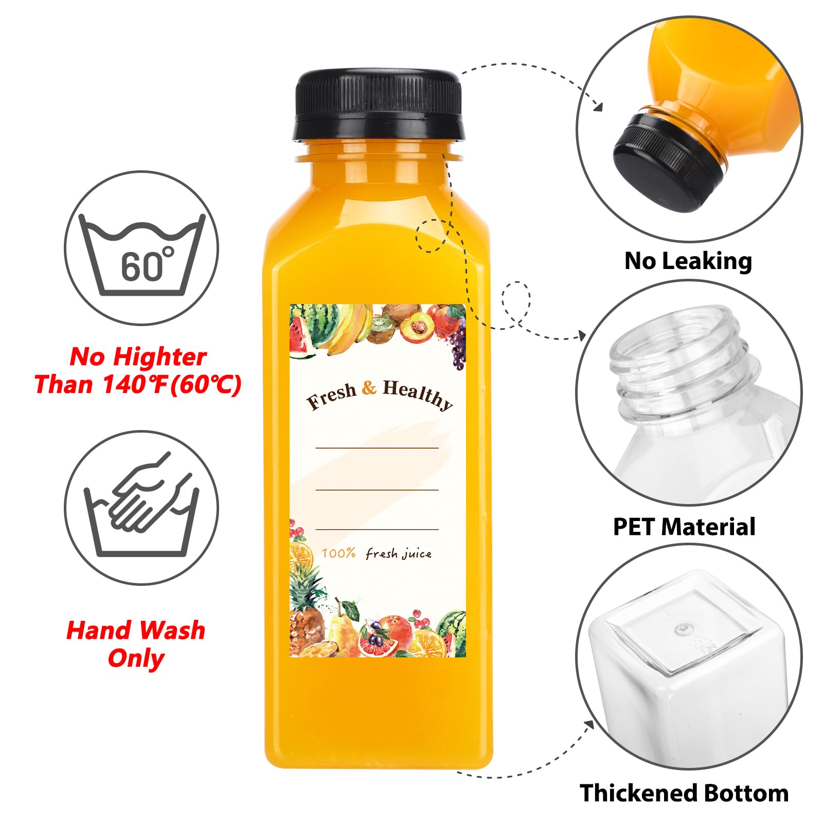 Moretoes 128pcs 12oz Juice Bottles, Plastic Juice Bottles with Caps, Reusable Drink Containers for Juicing, Smoothie and Other Beverages