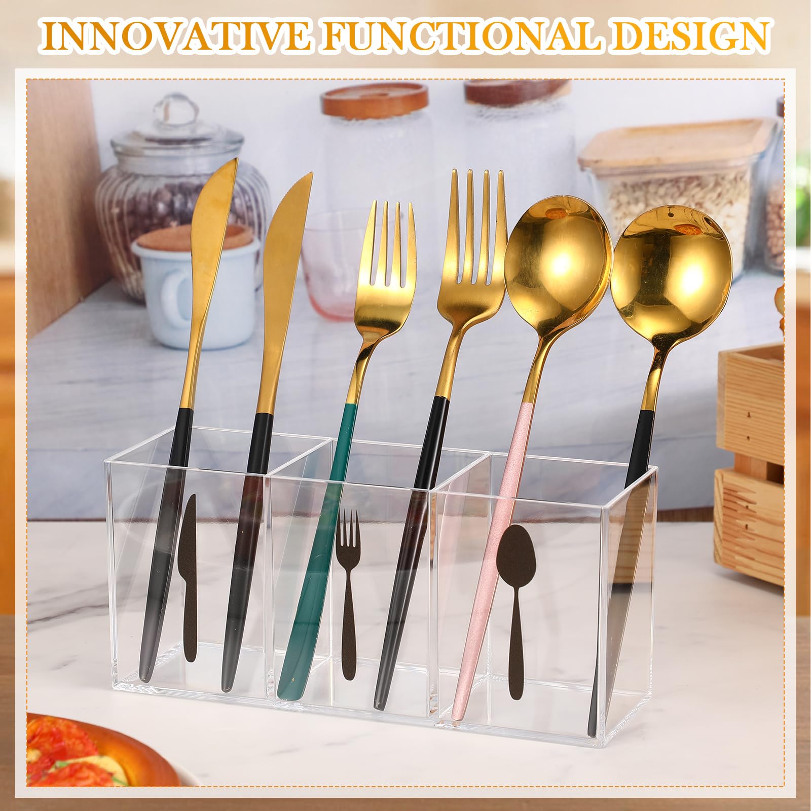 Suzile Acrylic Cutlery Storage Organizer Bin Clear Silverware Caddy Countertop Knife Spoon and Fork Holder Kitchen 3 Section Tableware Storage Box for Cabinet Indoor Outdoor Home Flatware Dining Room