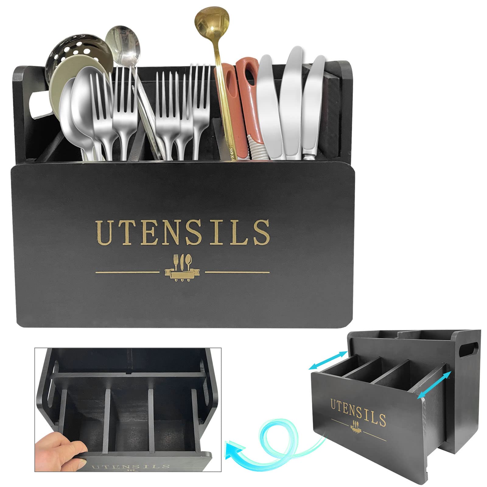 Yleric kitchen utensil organizer for countertop,wooden utensil holder organizer-5 compartments with splints,The tableware rack is used for storing knives, forks, spoons and napkins. (black)
