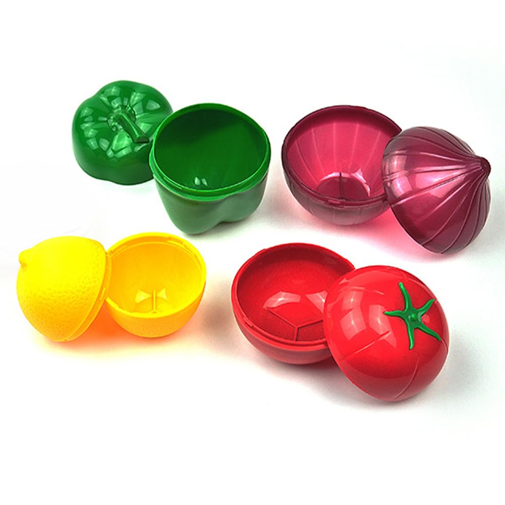 CALIDAKA 4PCS Fruit and Vegetable Shaped Food Saver Storage Containers Holder Refrigerator Vegetable Crisper,Onion Garlic Lemon Avocado Storage Keeper Holder for Fridge, as picture show