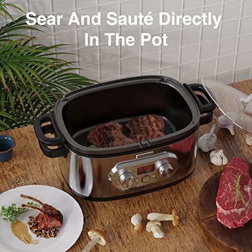 Anfilank 8-in-1 Multi-Cooker, Programmable 6.8 Quart Slow Cooker, Presets to Sous Vide, Bake, Sauté, Cook Rice & More; with Sous Vide Rack, Steam Rack, Slotted Spoon and Glass Lid, Adjustable Temp&Time for Slow Cook with LED Display