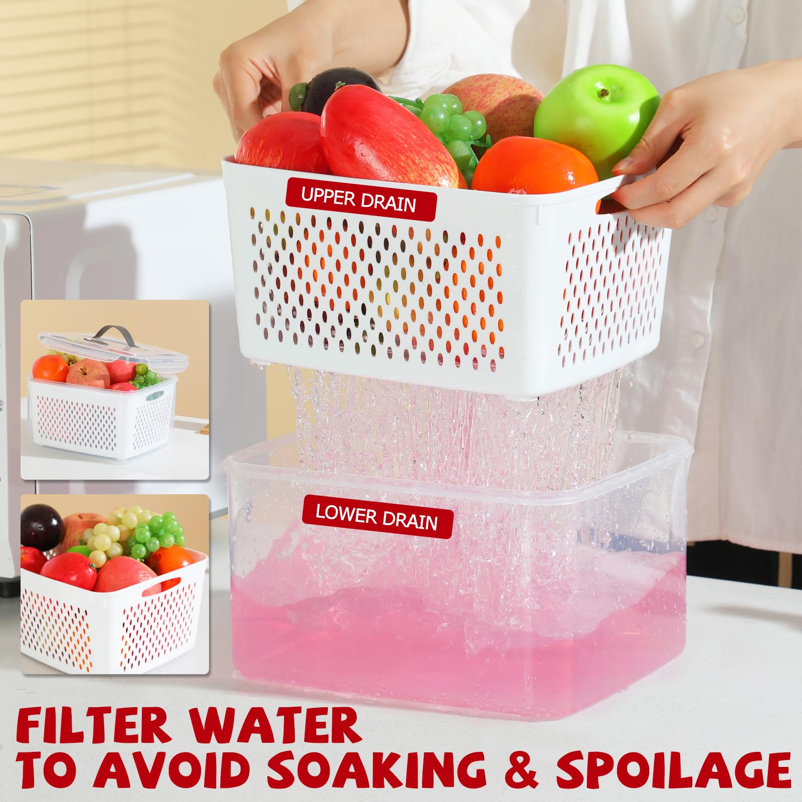 3 PCS Fruit Storage Containers for Fridge with Removable Colander | BPA Free Airtight Food Storage Containers with Lids & Handle | Keep Produce Refresh Longer | Small & M Size - Totally 22 cup