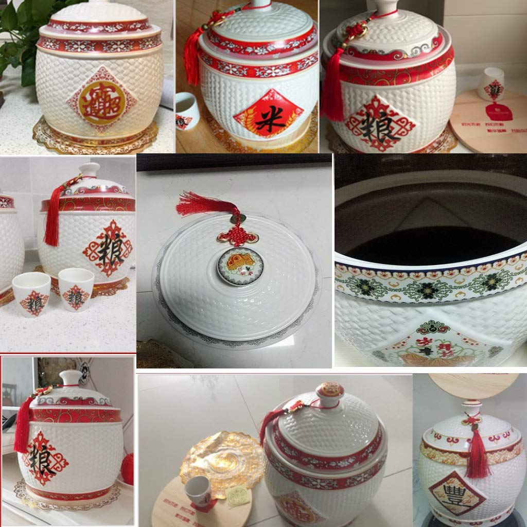 Classic Food Dispensers Ceramic Rice Bucket with Tassel Design, Household Rice Storage Box with Lid, Chinese Sealed Large-Capacity Rice Pot, 4-12.5KG/141-441 OZ