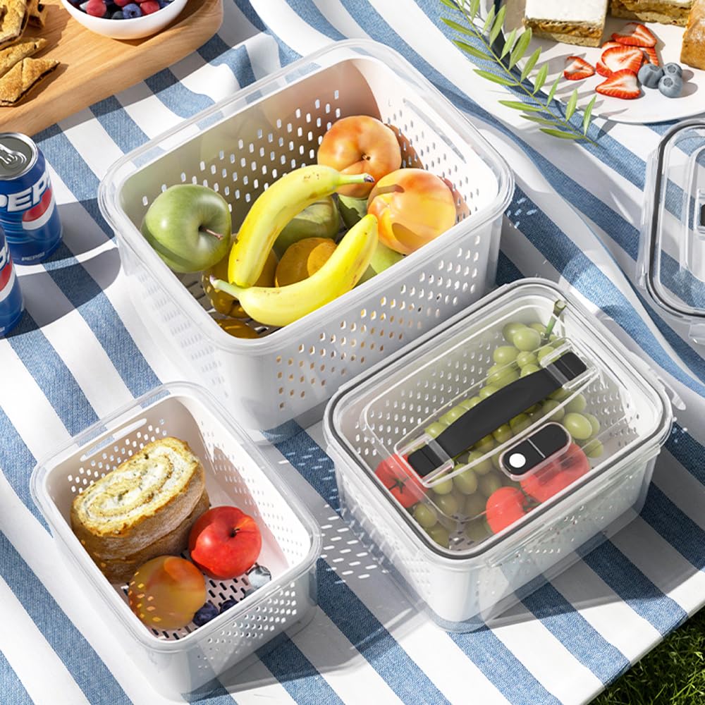 3 PCS Fruit Storage Containers for Fridge with Removable Colander | BPA Free Airtight Food Storage Containers with Lids & Handle | Keep Produce Refresh Longer | Small & M Size - Totally 22 cup