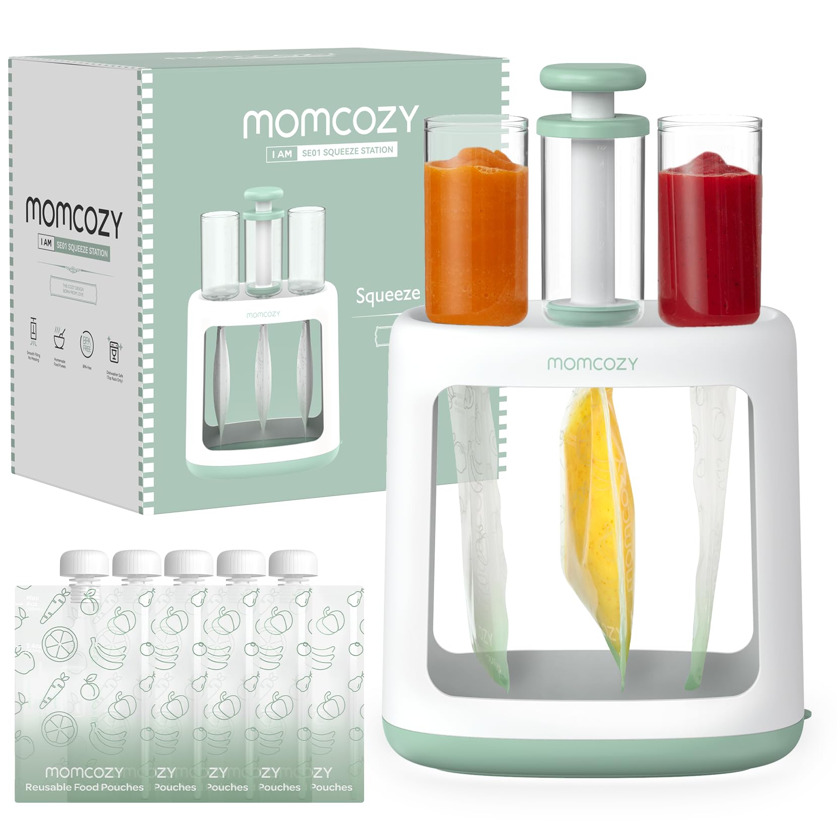 Momcozy Baby Food Maker for Puree Food Storage, Precise Capacity Squeeze Station, Save Time & Efficient, No Food Splashing, Baby Essentials, with 5pcs Reusable Portable Food Storage Bags for Outdoor