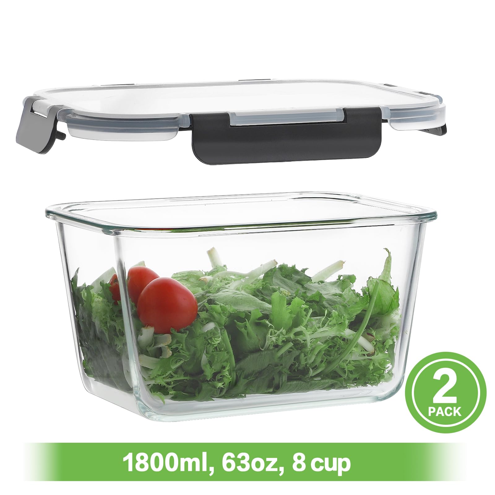 HOMBERKING 4 Pieces 63oz/8cup Large Glass Food Storage Containers, Meal Prep, Airtight Bento Boxes with Leak Proof Locking Lids for Microwave/Oven Freezer Dishwasher, BPA Free(2 Containers + 2 Lids)
