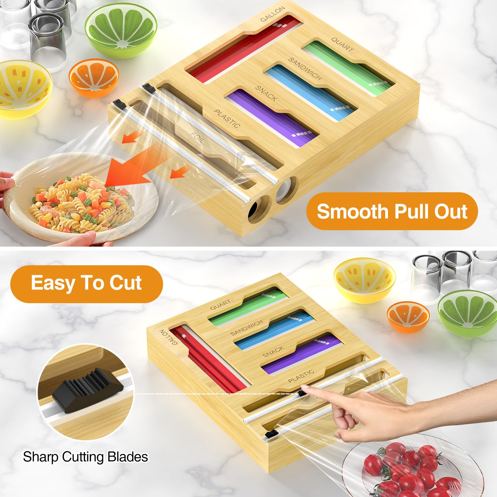 HOSTENU 6 in 1 Storage Bag Organizer for Kitchen Drawer, Bamboo Foil and Plastic Wrap Dispenser with Cutter, Food Baggie Organizer for Drawer, Plastic Bag Organizer for Gallon, Quart, Sandwich, Snack