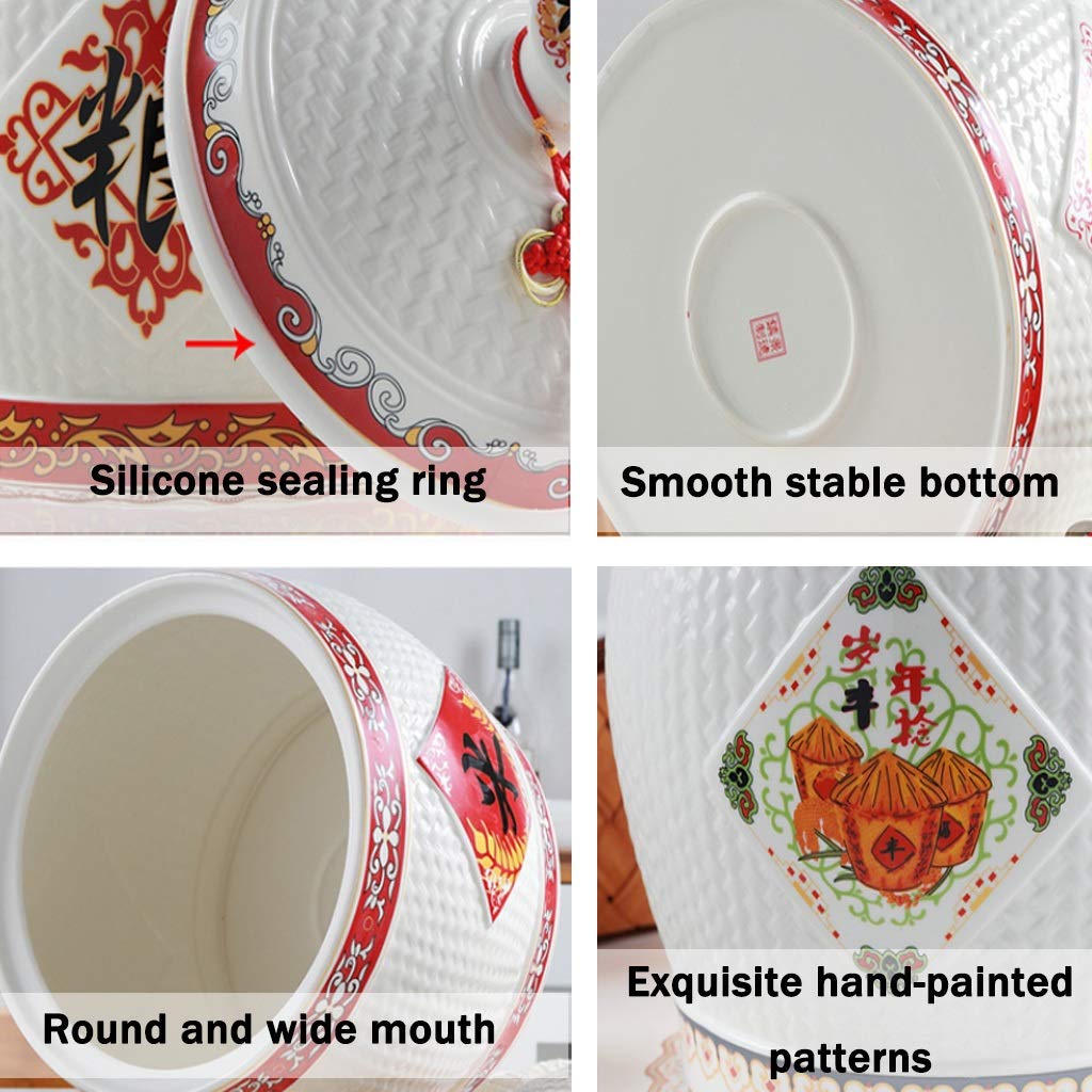 Classic Food Dispensers Ceramic Rice Bucket with Tassel Design, Household Rice Storage Box with Lid, Chinese Sealed Large-Capacity Rice Pot, 4-12.5KG/141-441 OZ